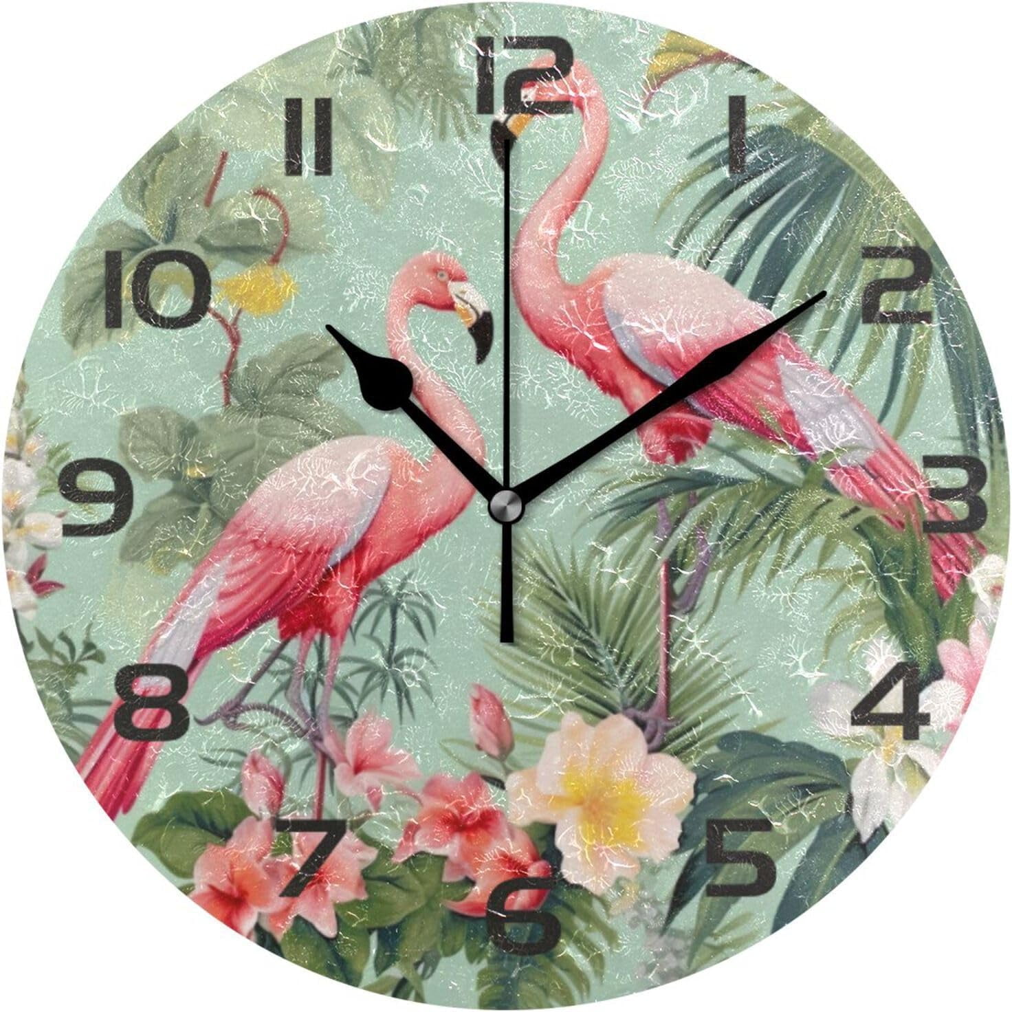 Dreamtimes Wall Clock Flamingos Palm Flowers 10 Inch Silent Non Ticking ...