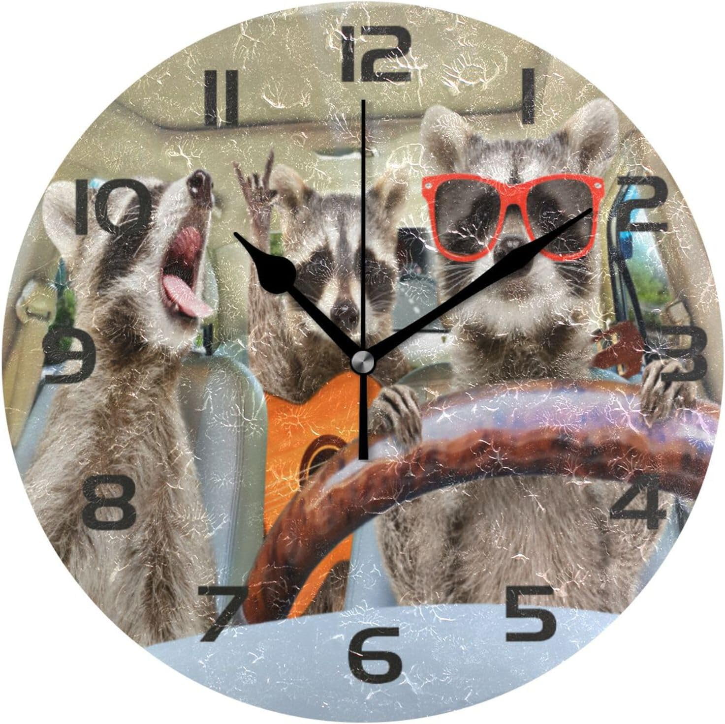Dreamtimes Wall Clock Raccoon Driving 10 Inch Silent Non Ticking ...