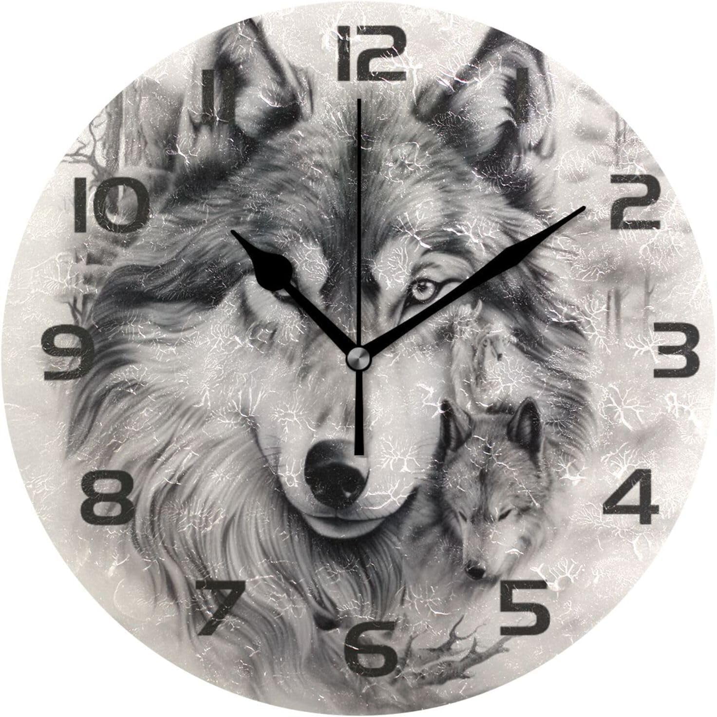 Dreamtimes Wall Clock Wolf 10 Inch Silent Non Ticking Quality Quartz ...