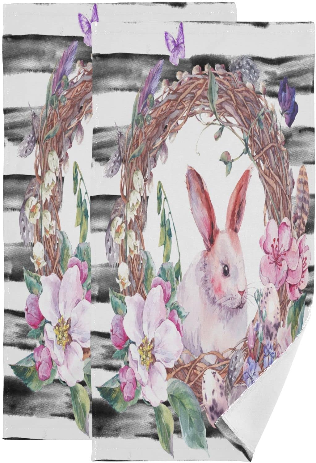 Dreamtimes Watercolor Bunny Flower Hand Towels 2 PCS, Easter Butterfly Kitchen Towel Ultra Soft ...