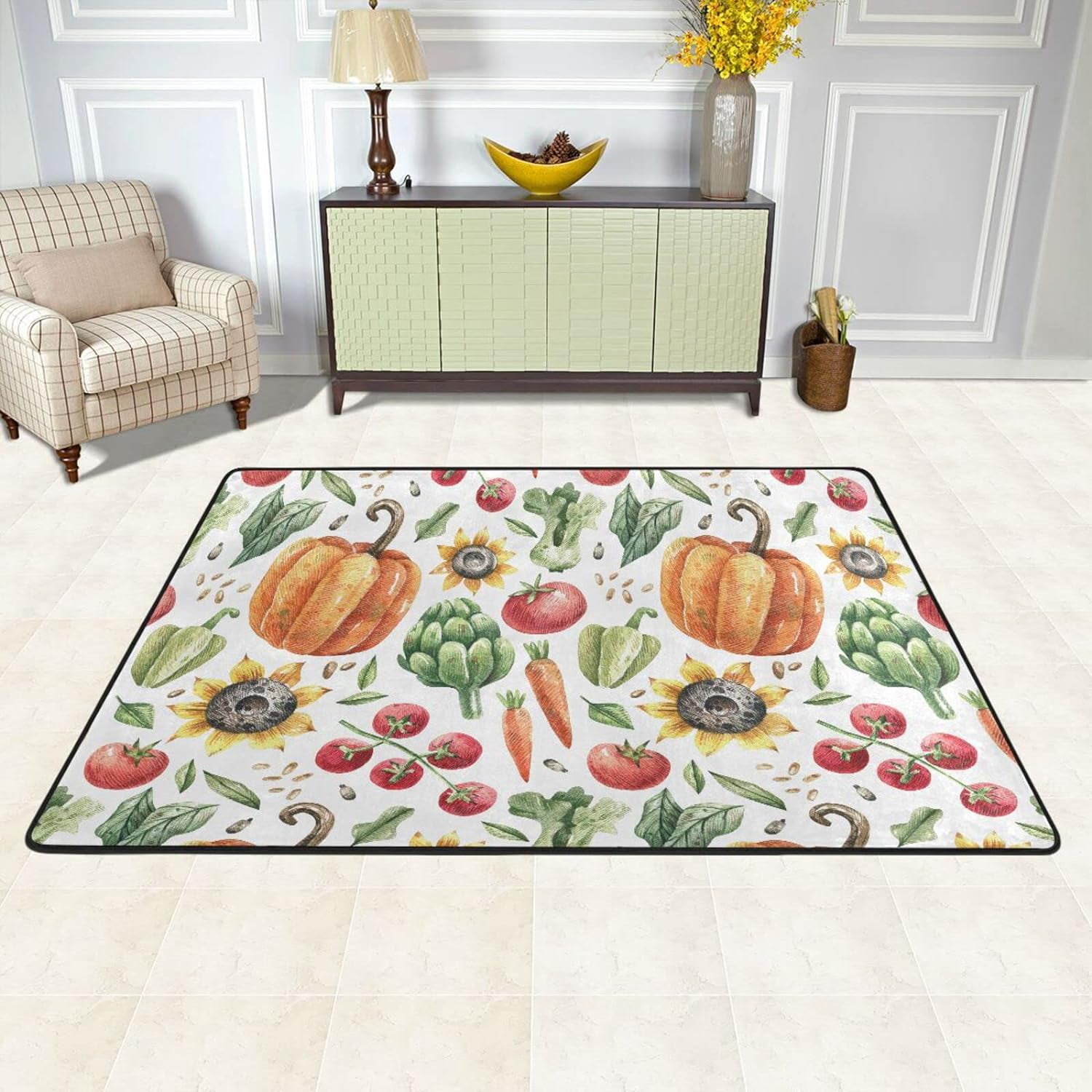 Dreamtimes Watercolor Farm Vegetables Area Rug 72x48in Autumn Pumpkin ...