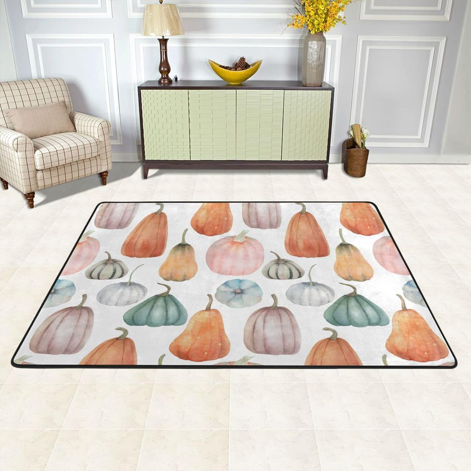 Dreamtimes Watercolor Pumpkins Area Rug 72x48in Teal Pink Orange Non ...