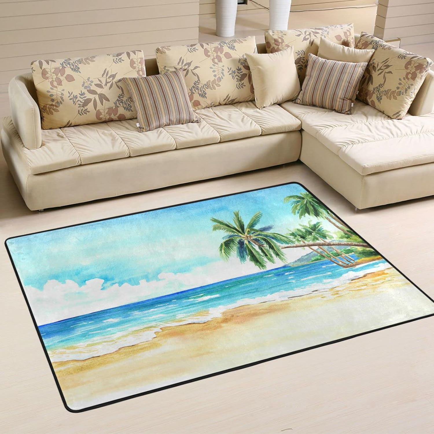 Dreamtimes Watercolor Sea Beach Area Rug 72x48in Tropical Palm Trees ...