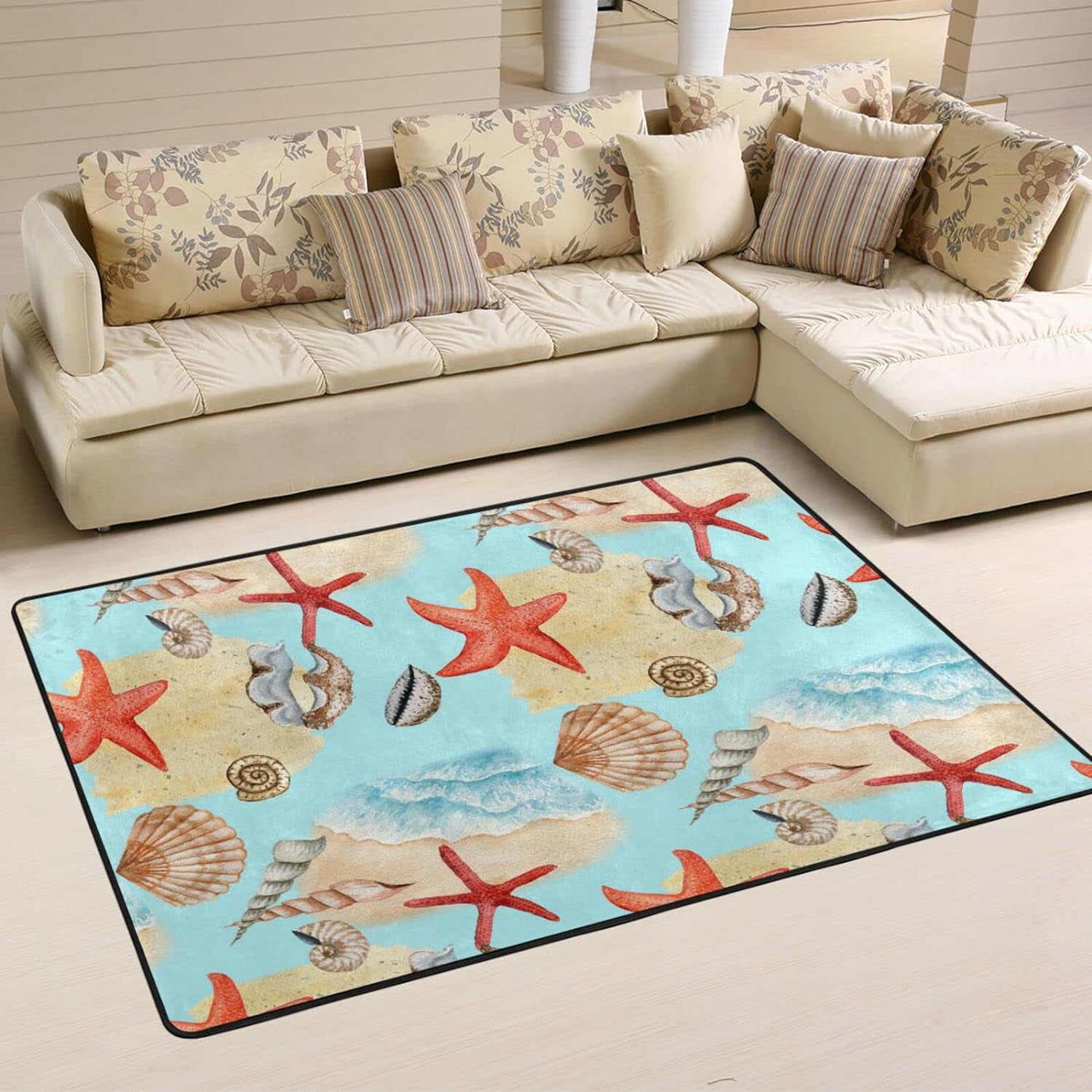 Dreamtimes Watercolor Sea Shells Area Rug 72x48in Starfish Pattern Non ...