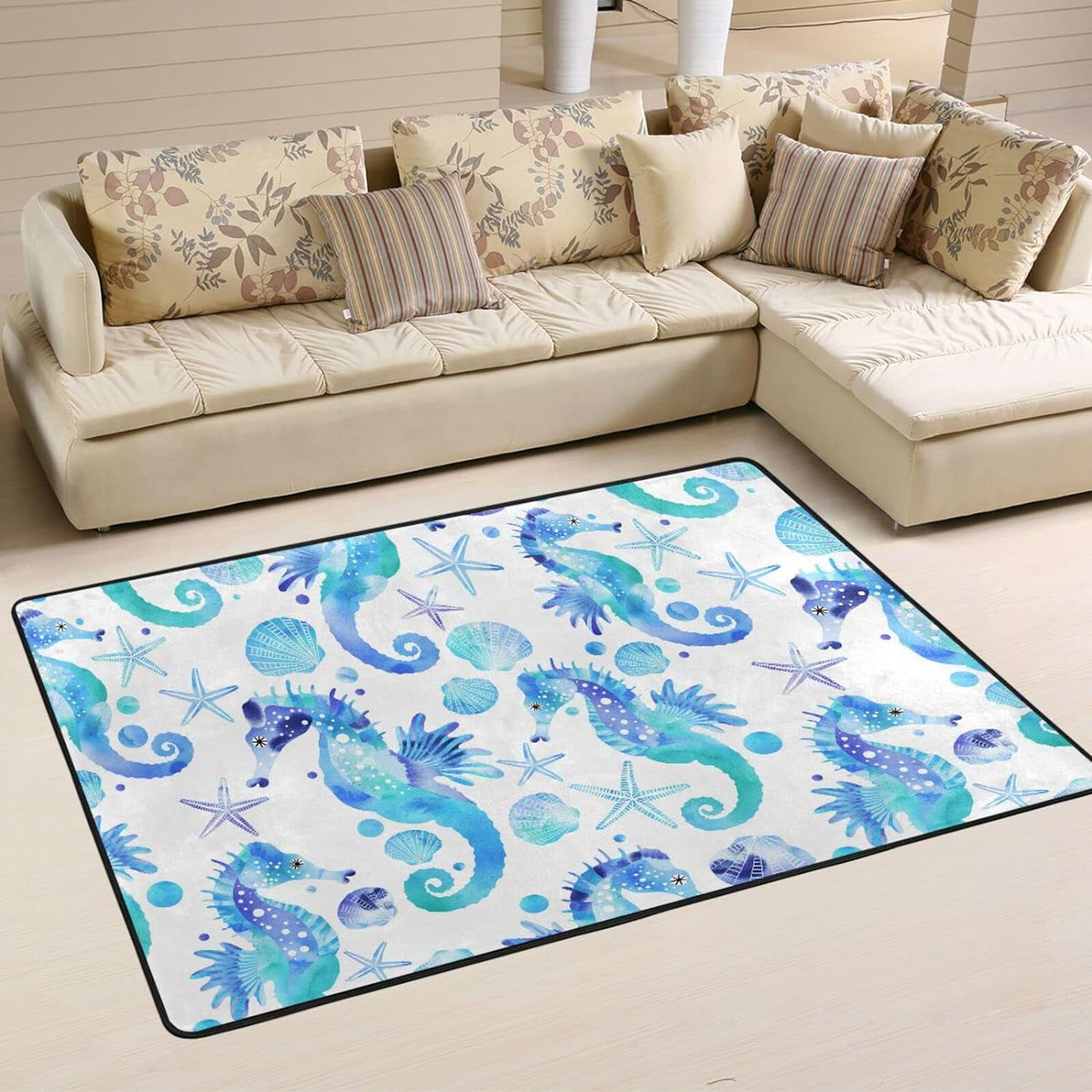 Dreamtimes Watercolor Seahorses Starfishes Area Rug 72x48in Turquoise ...
