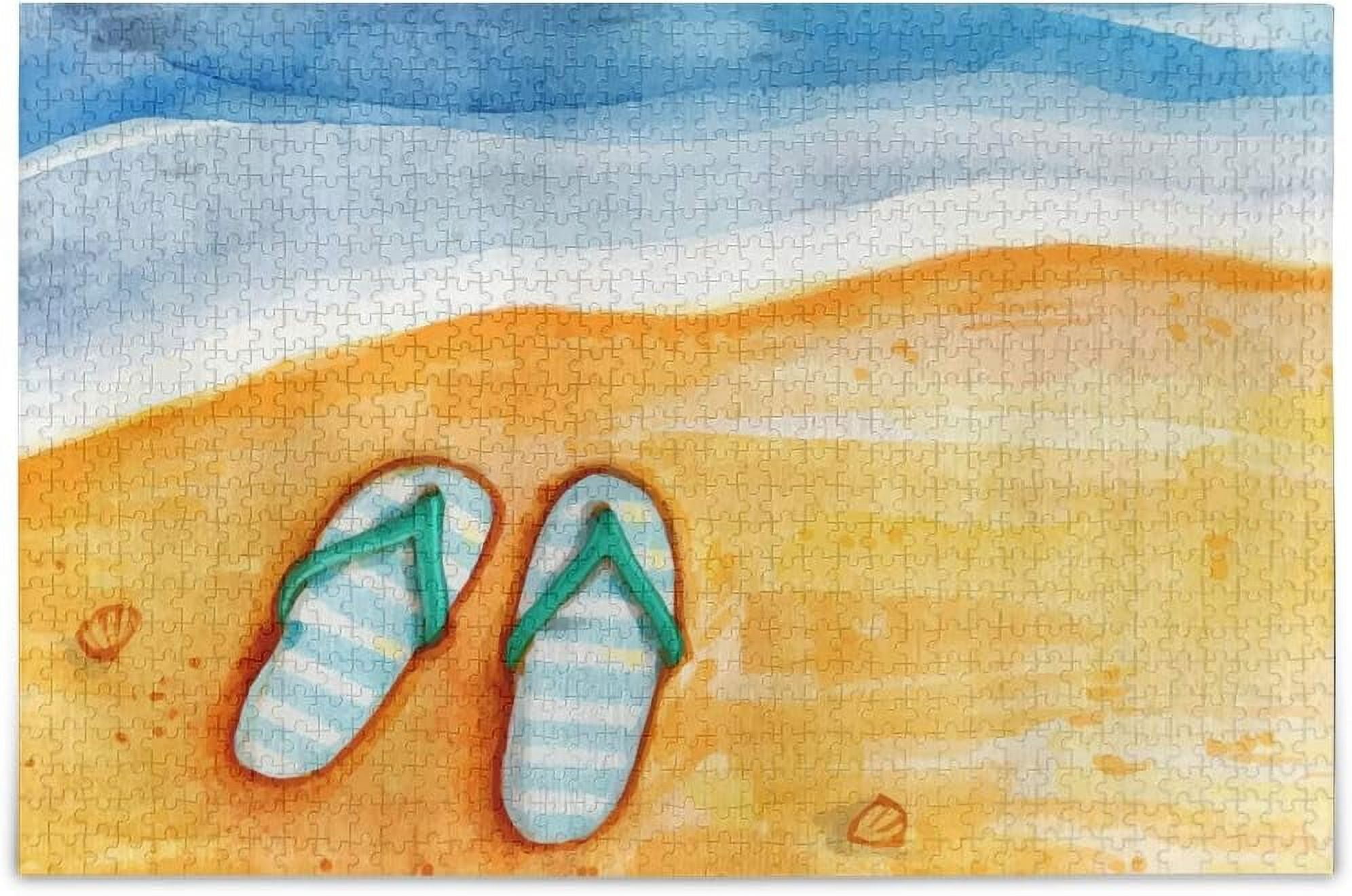 Dreamtimes Watercolor Summer Flip Flop Seashell On Beach Sand Blue Sea ...