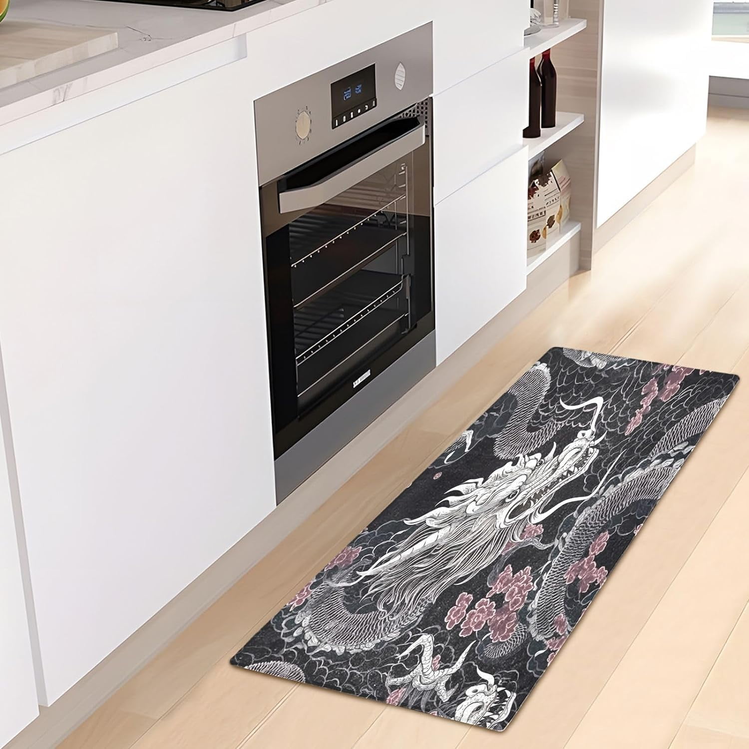 Dreamtimes White Dragon Black Kitchen Mat 20"x39", Non Skid Kitchen ...