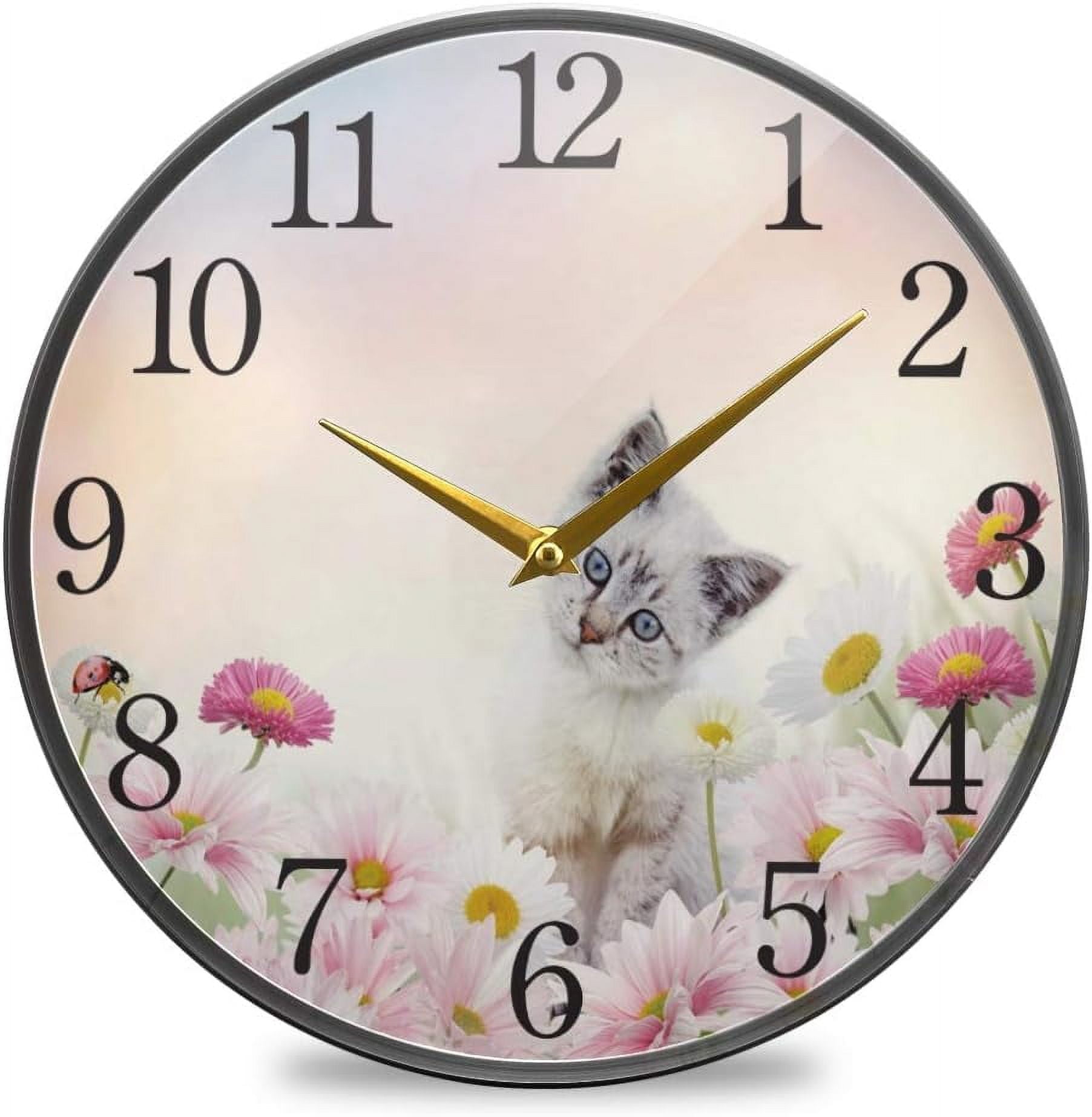 Dreamtimes White Kitten Cat in The Flower Pattern Wall Clock Silent Non ...