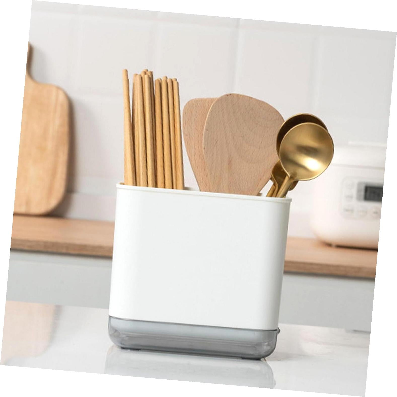 Dreamtimes White Plastic Utensil Holder with Drain Tray & Compartments ...