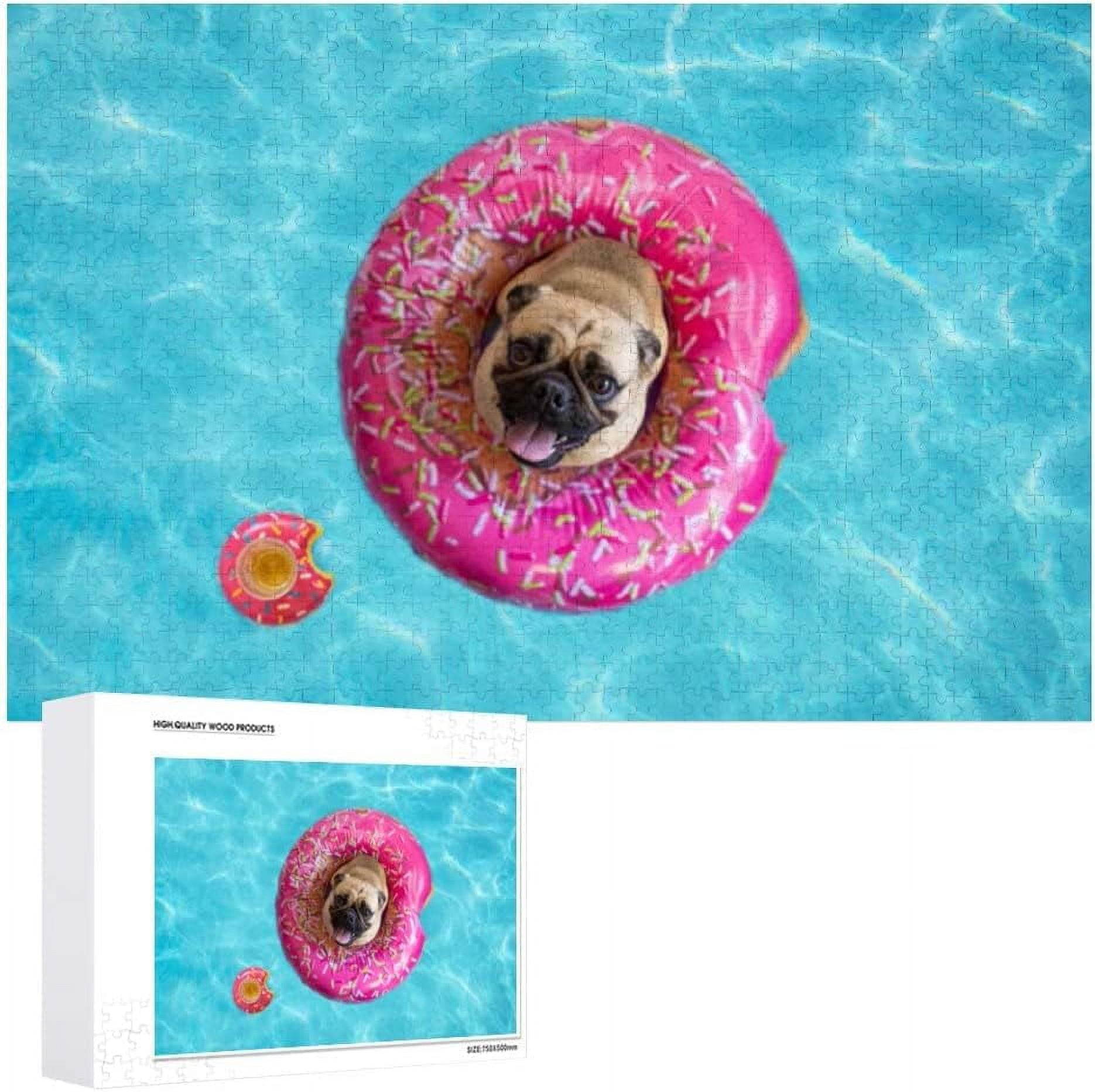 Dreamtimes Wooden Jigsaw Puzzles 1000 Pieces Cute Pug Floating in Pool ...