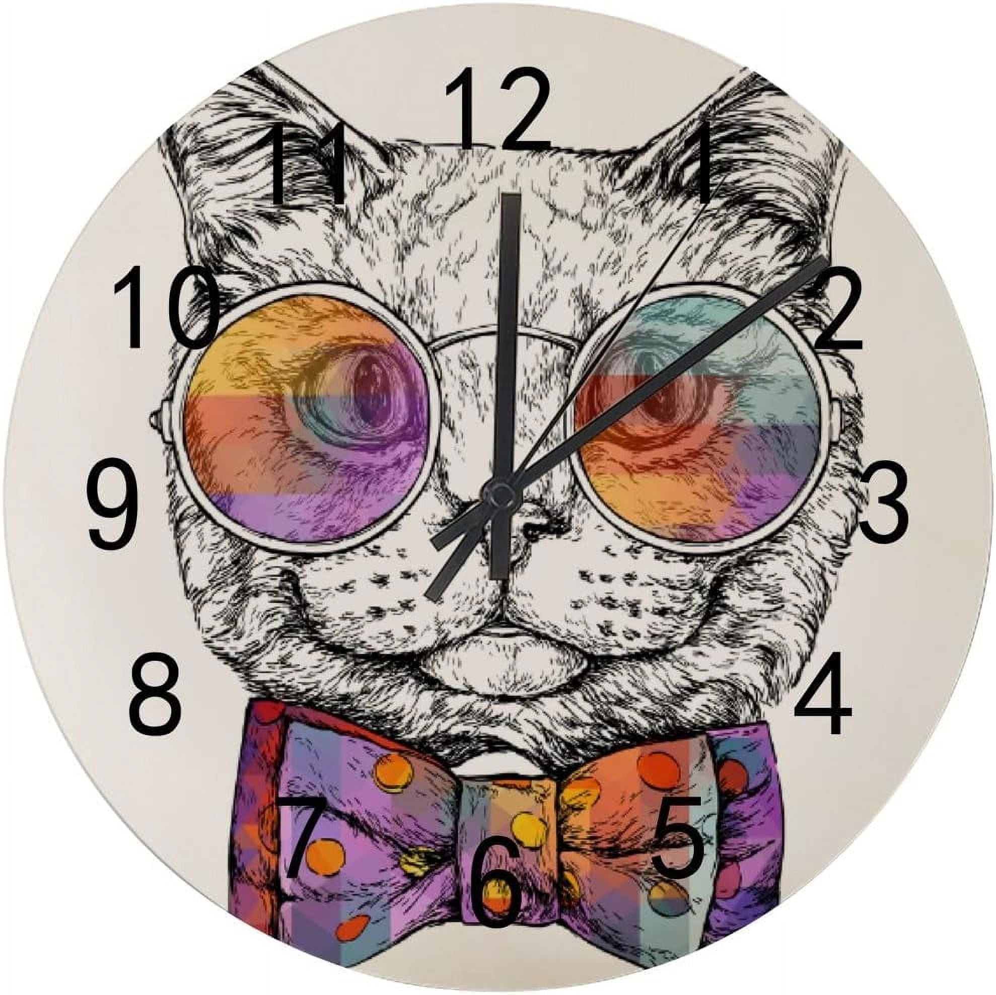 Dreamtimes Wooden Round Wall Clock, 12 Inch Cat in Glasses with Bow Tie ...