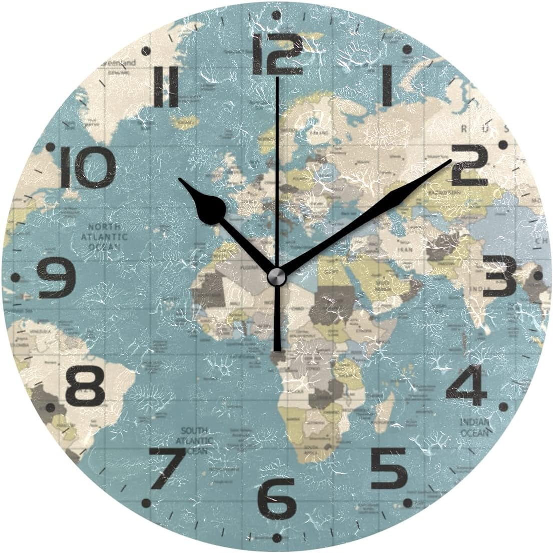 Dreamtimes World Map Wall Clock, 10 Inch Silent Non Ticking Round Clock ...