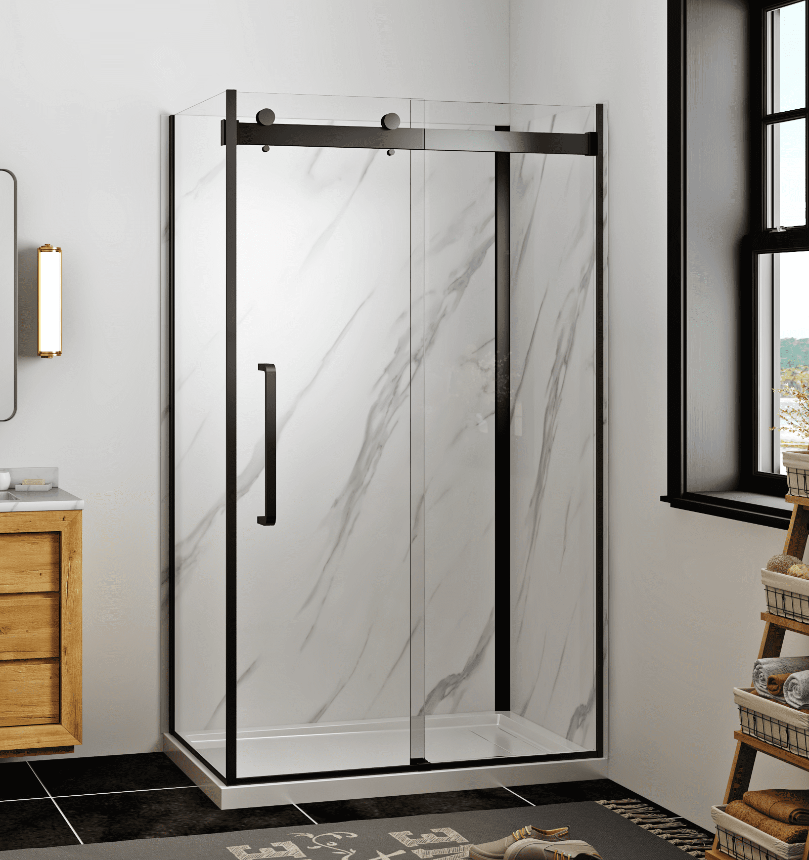 Dreamwerks Bristol 48 in. x 32 in. Black Shower Kit with Glass Enclosure, Doors, & Base ...