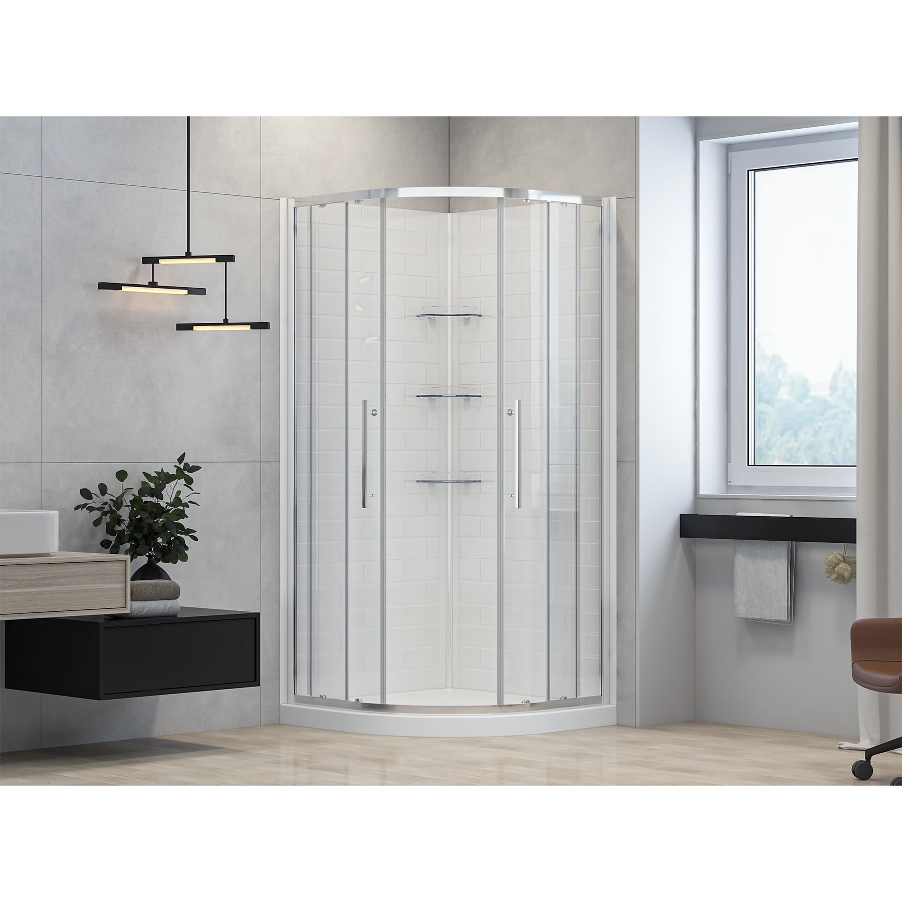 Dreamwerks Monaco Bathroom Shower Kit Set - 36 x 36 x 75 in. Round Chrome with ABS Wall and ...