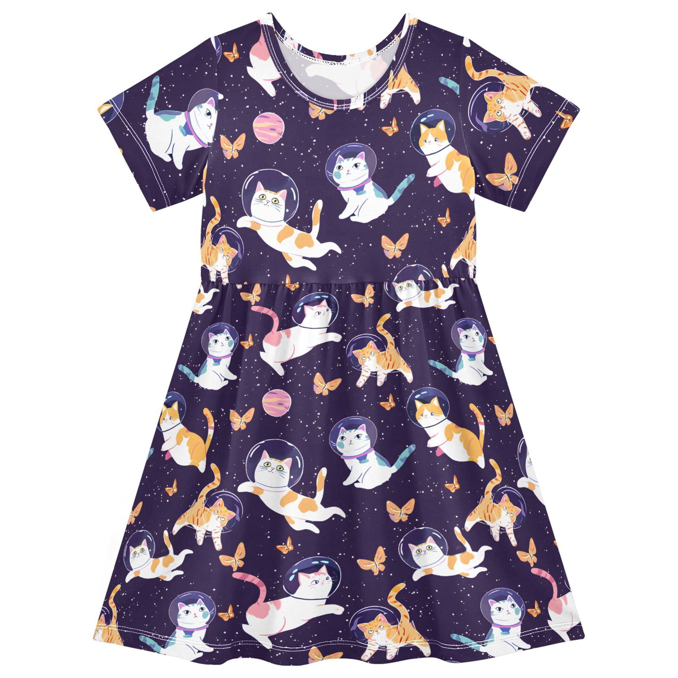 Dreamy Astronaut Cat Short Sleeve Dress A-Line Cute Midi Casual ...