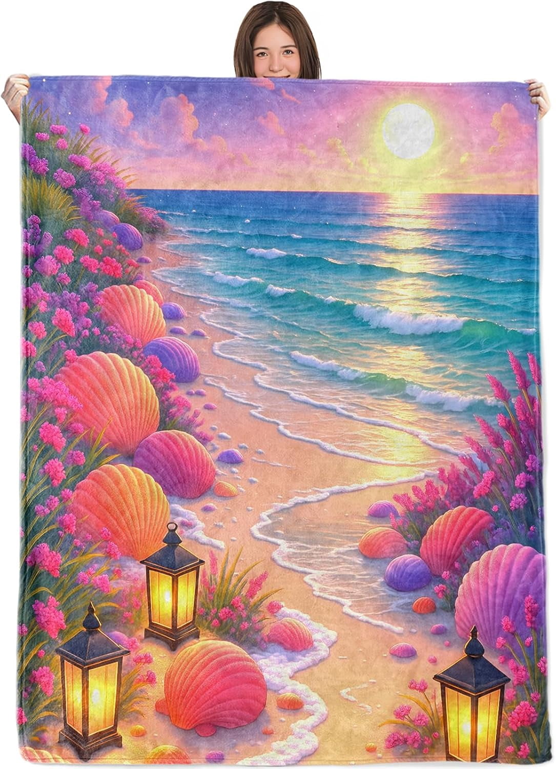 Dreamy Beach Blanket,60x80in,Cozy Flannel Throw with Coastal Sunset ...