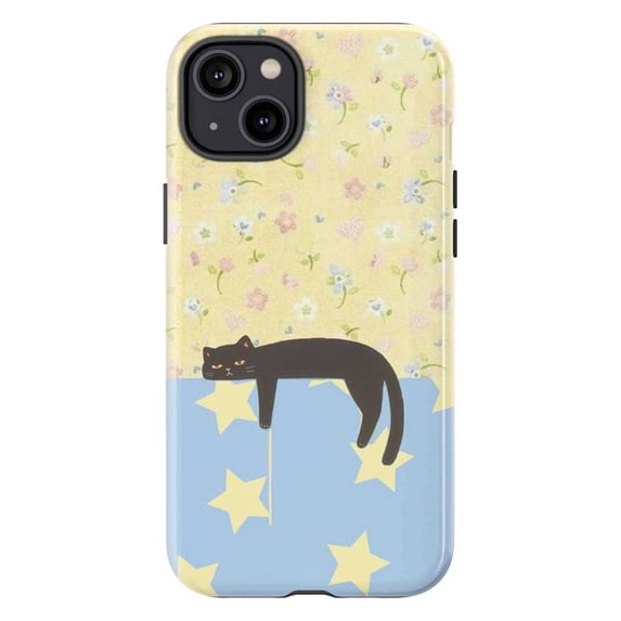 Dreamy Black Cat on Stars Phone Case, Cute Pastel Yellow Floral ...