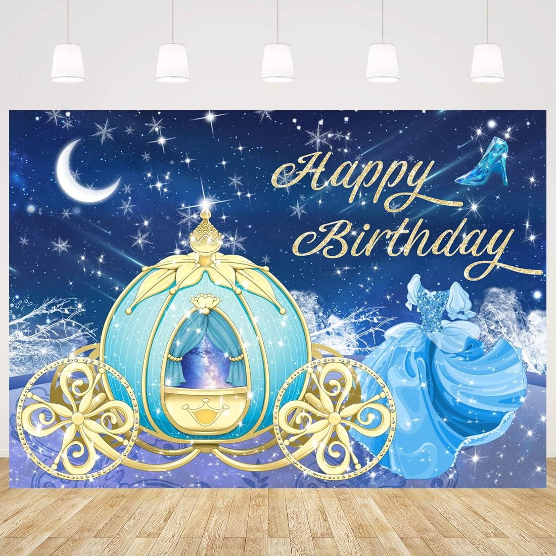Dreamy Blue Happy Birthday Backdrop Princess Fairy Tale Glitter Gold ...