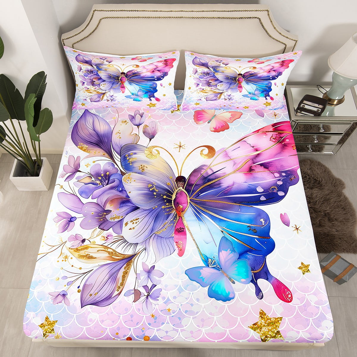 Dreamy Butterfly Fitted Sheet Coastal Mermaid Scale Bed Sheets Twin ...