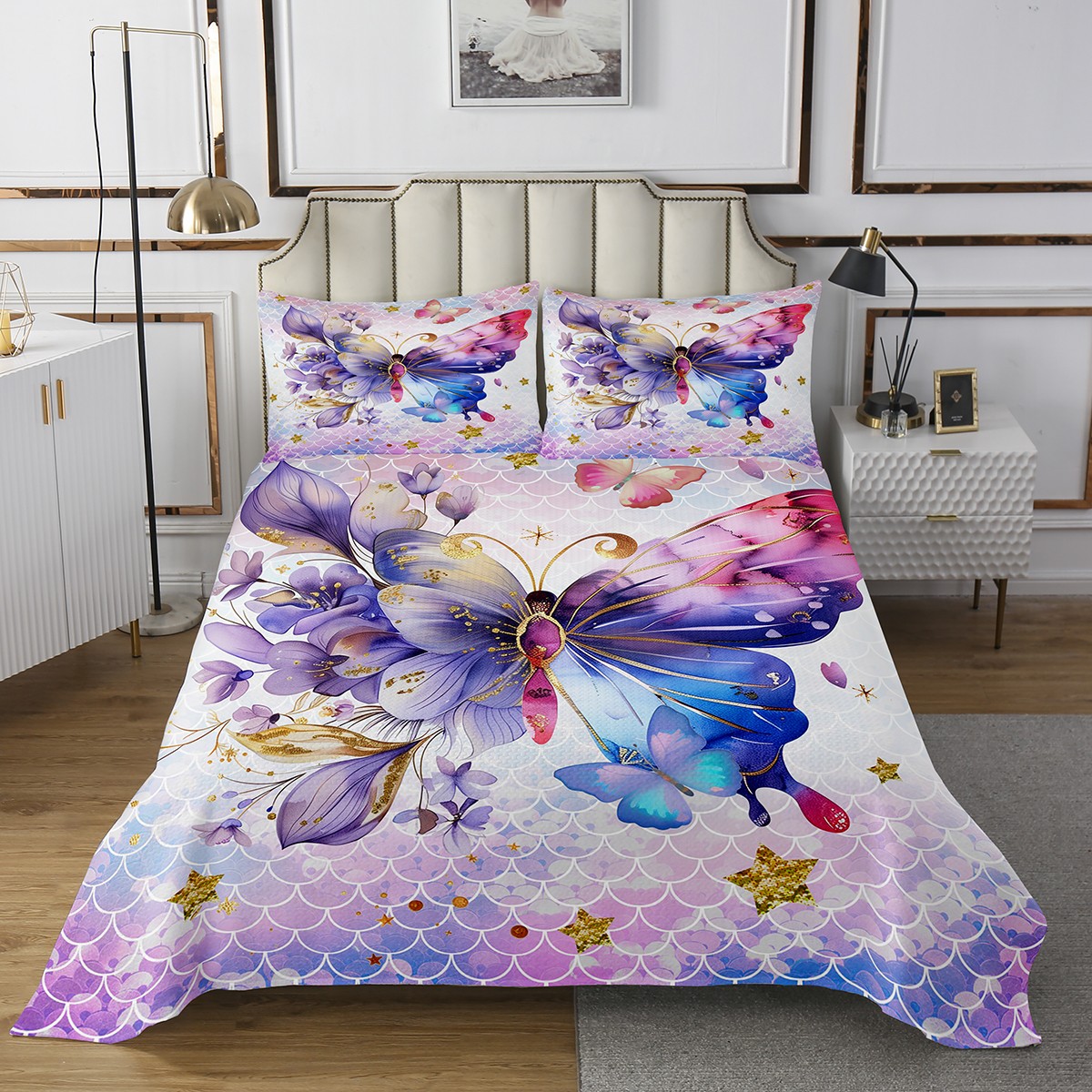 Dreamy Butterfly Quilt Set Coastal Mermaid Scale Bedspread Set Queen ...