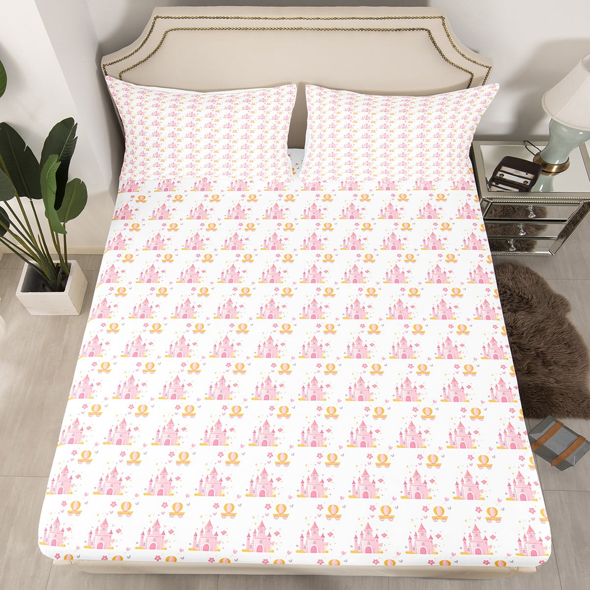 Dreamy Castle Fitted Sheet Queen Size, Cartoon Pink Princess Bed Sheets ...