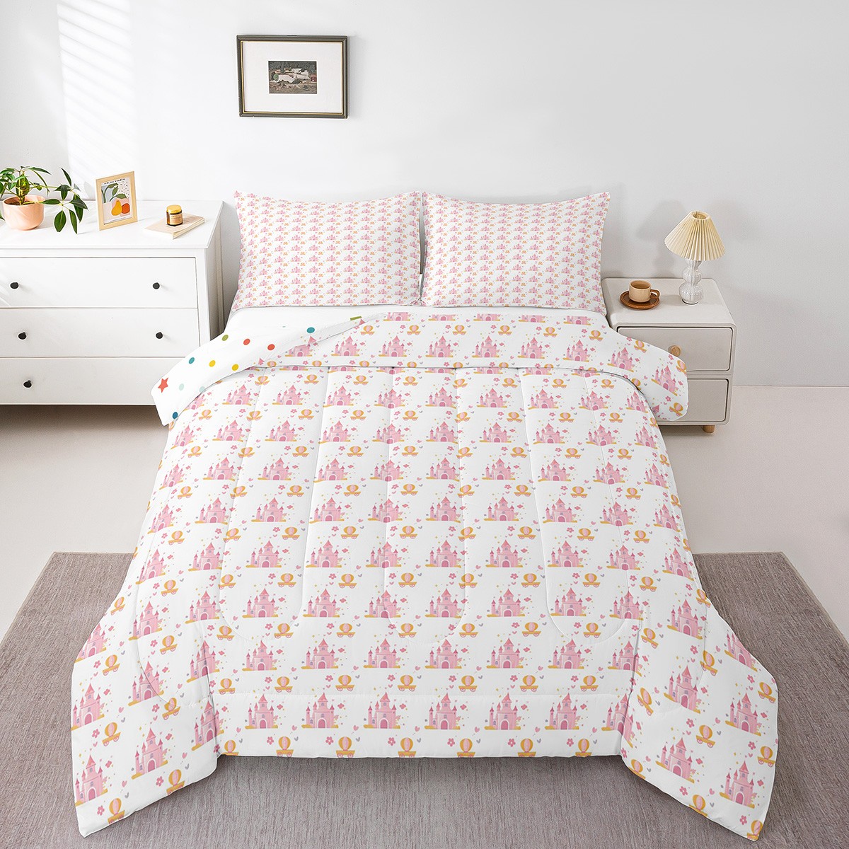 Dreamy Castle Queen Comforter Set, Cartoon Pink Princess Bed Set, Cute ...