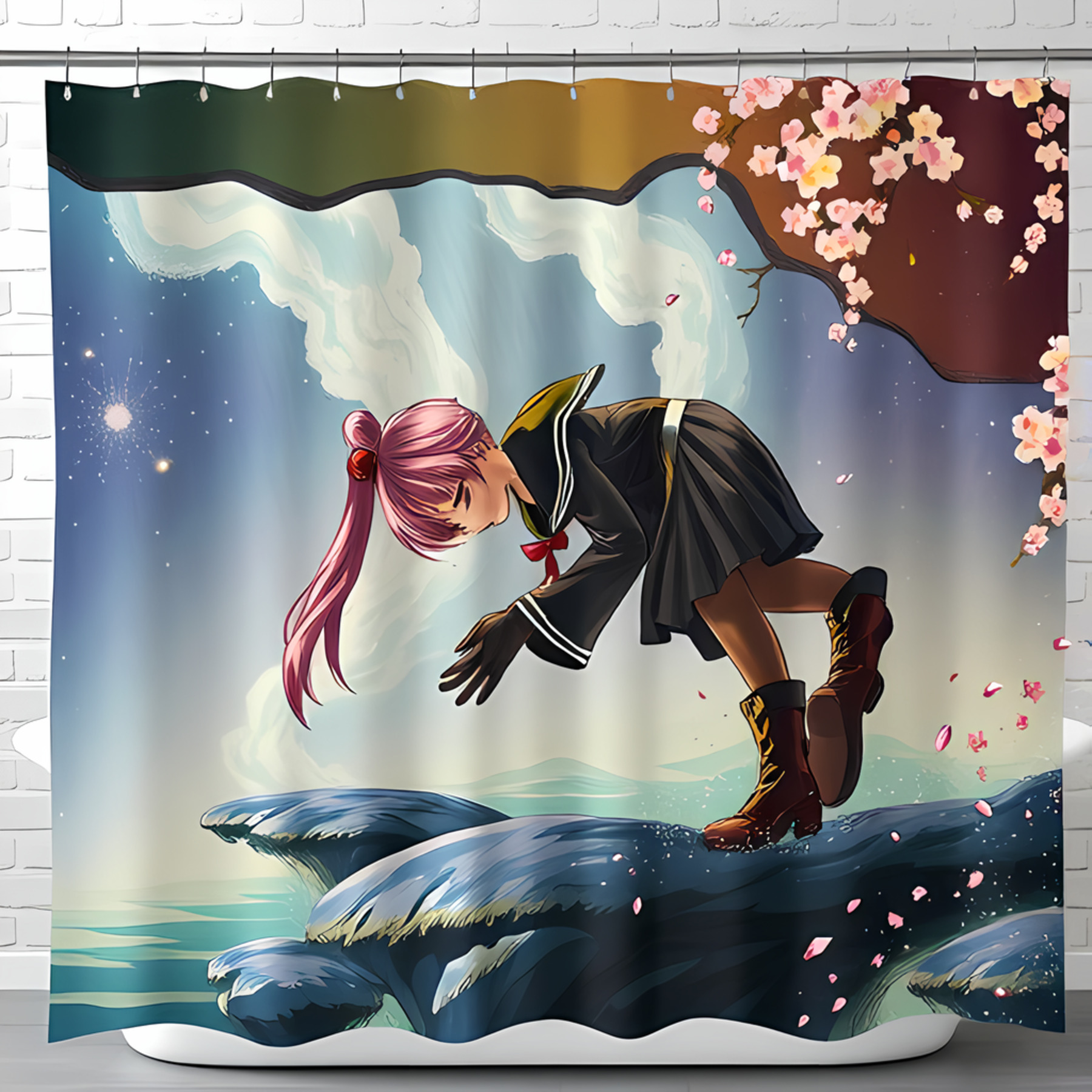 Dreamy Cherry Blossom Shower Curtain - Magical Night Sky Design with ...