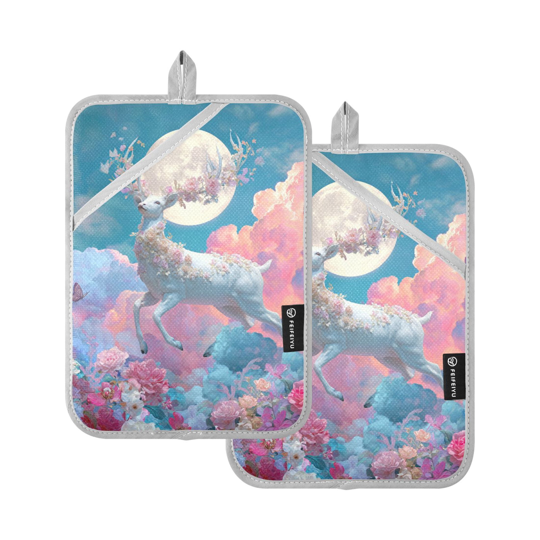 Dreamy Clouds Roses White Deer Fly Pot Holder Heat Resistant Mat Oven ...