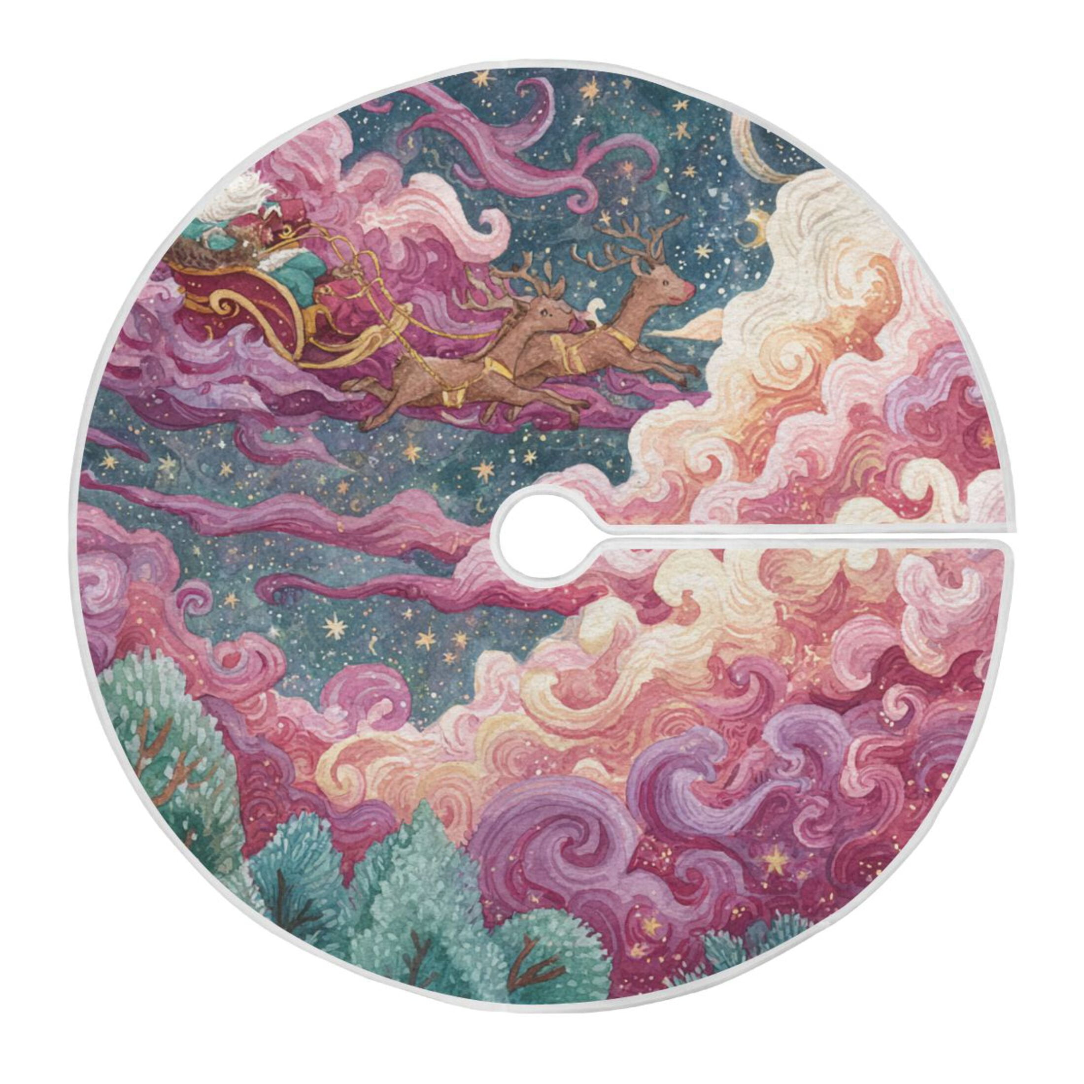 Dreamy Color Christmas Trees Santa on Clouds Christmas Tree Skirt ...