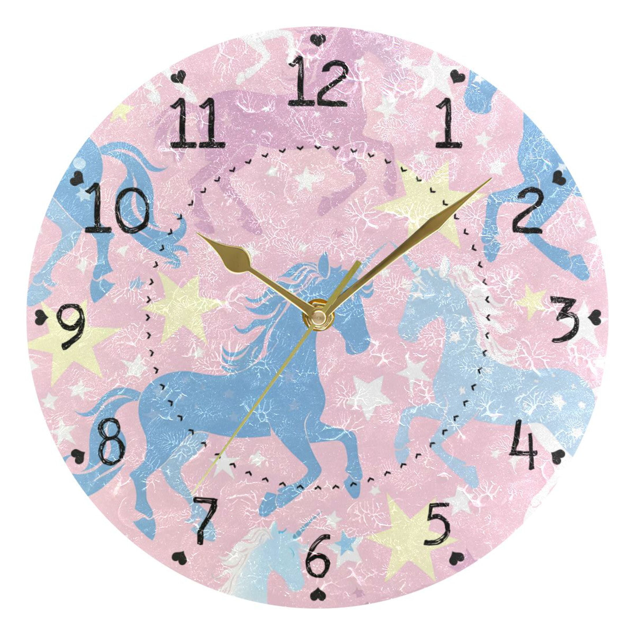 Dreamy Color Unicorns Stars Round Wall Clock Silent Analog Battery ...