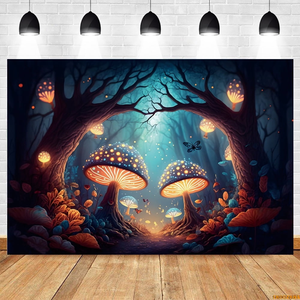 Dreamy Enchanted Forest Photography Backdrop Mushroom Butterfly Lights ...