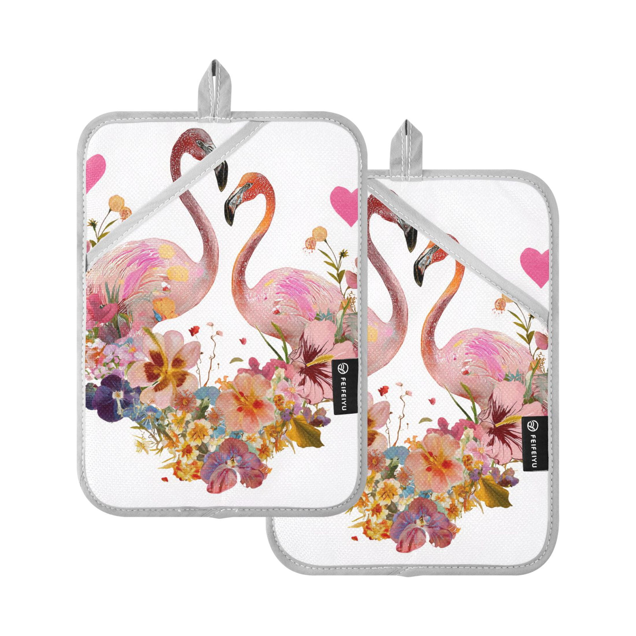 Dreamy Flamingo with Flowers Valentine Pot Holder Heat Resistant Mat ...