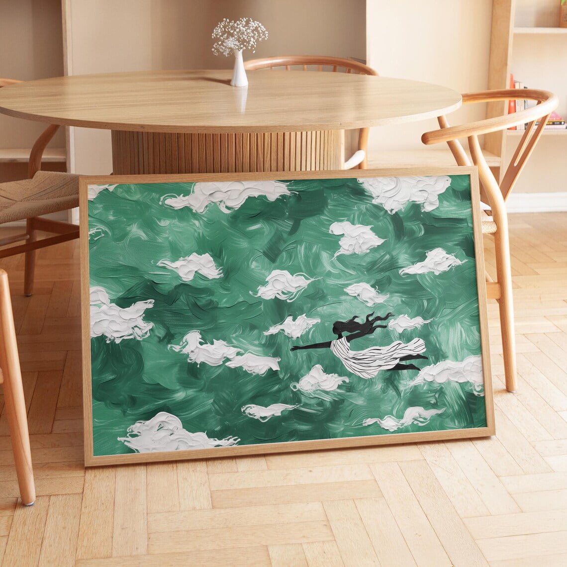Dreamy Floating Woman Art Print Abstract Green Clouds Surrealist Wall ...