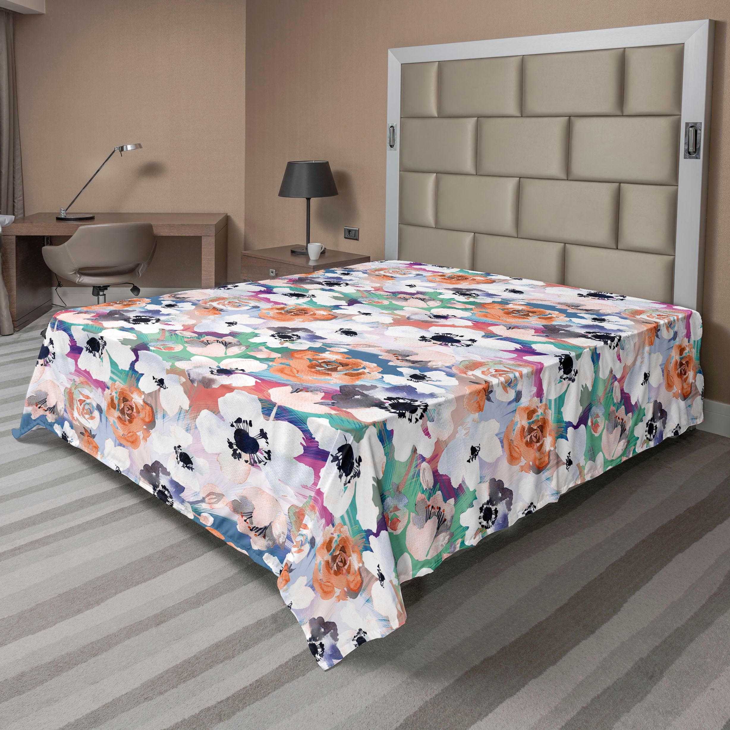 Dreamy Floral Flat Sheet, Aquarelle Anemones and Daisy Flowers Pattern ...