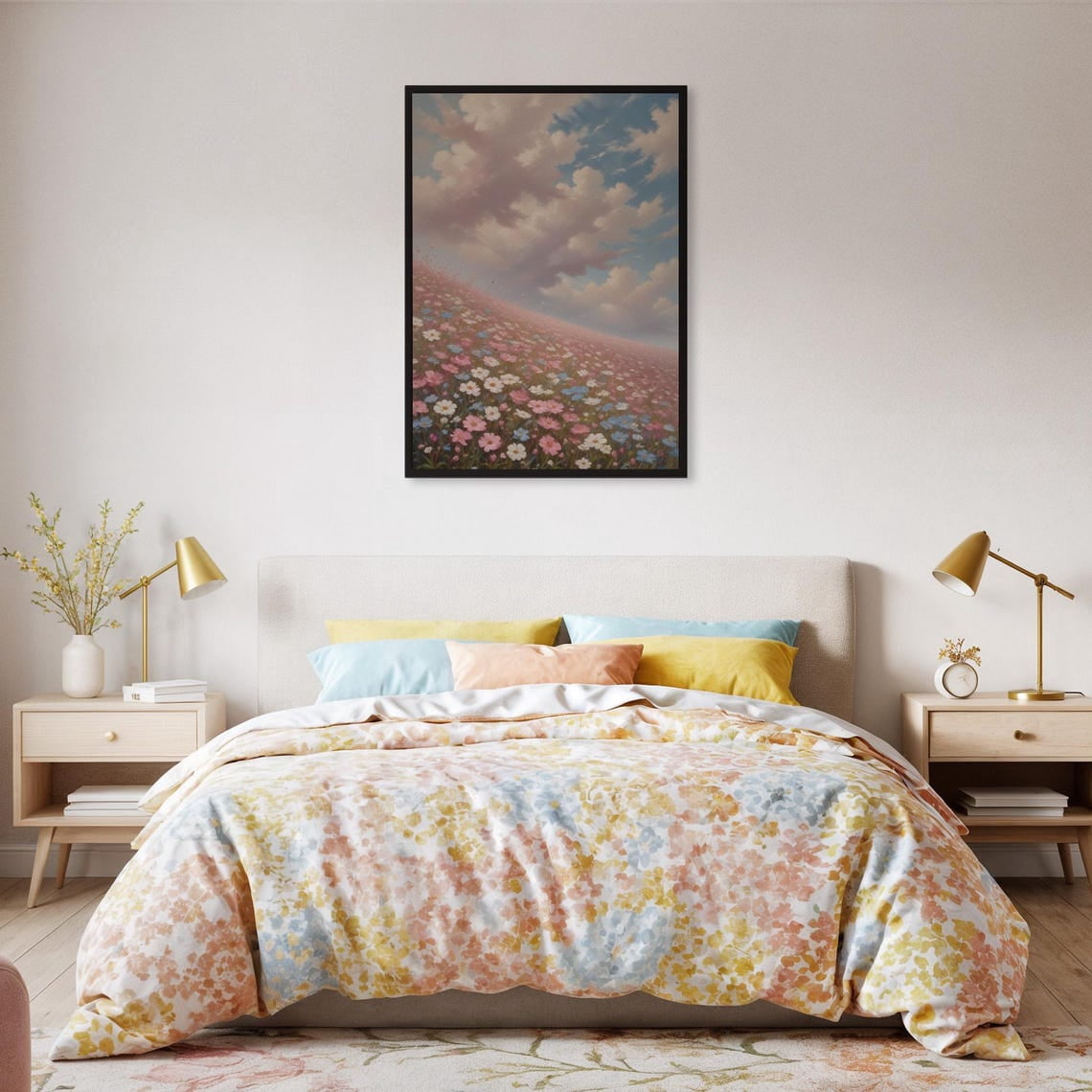 Dreamy Flower Field Wall Art Poster Cloudy Hill Pastel Landscape Soft ...