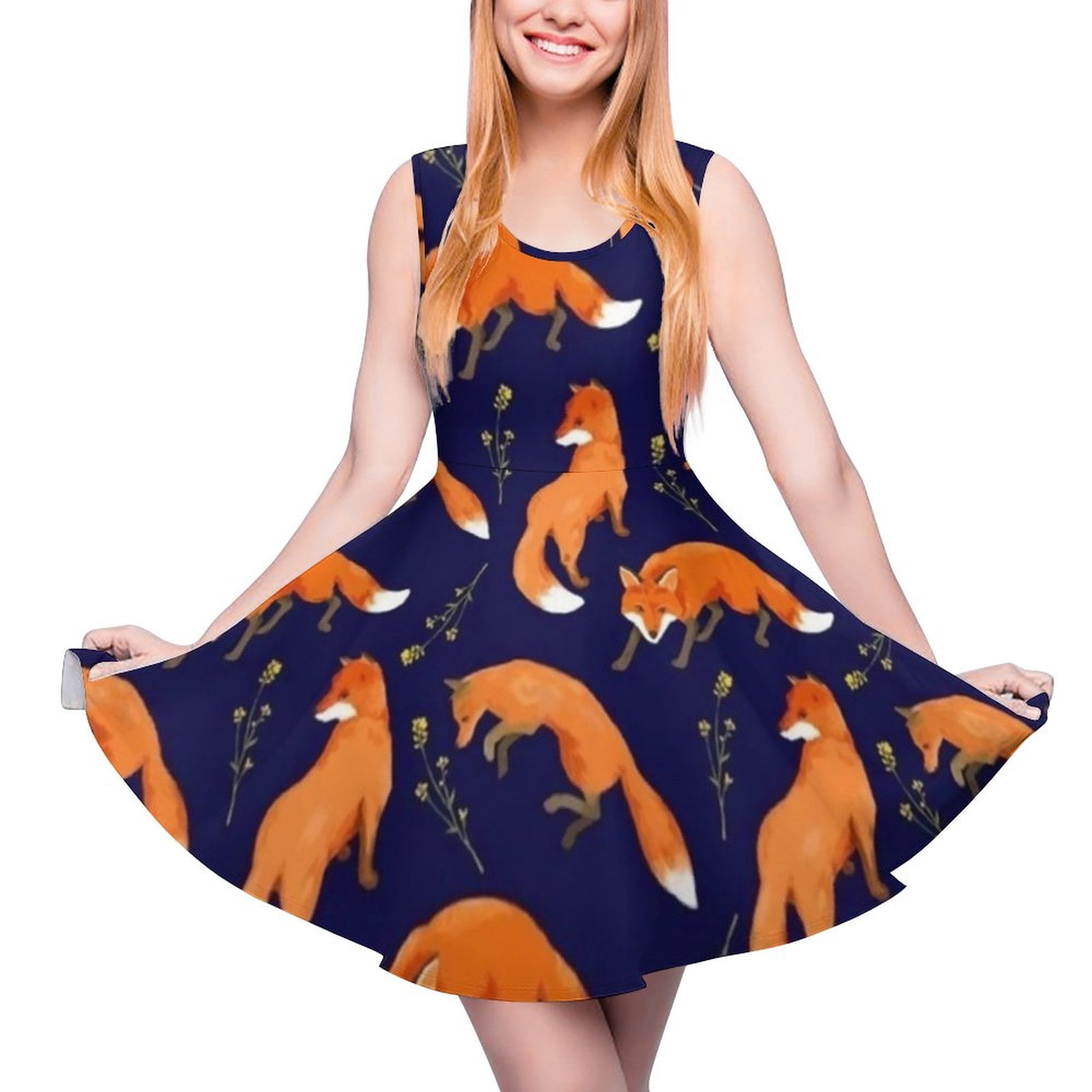 Dreamy Folk Fox Dress Blue Floral Print Casual Dresses Woman Night Club ...
