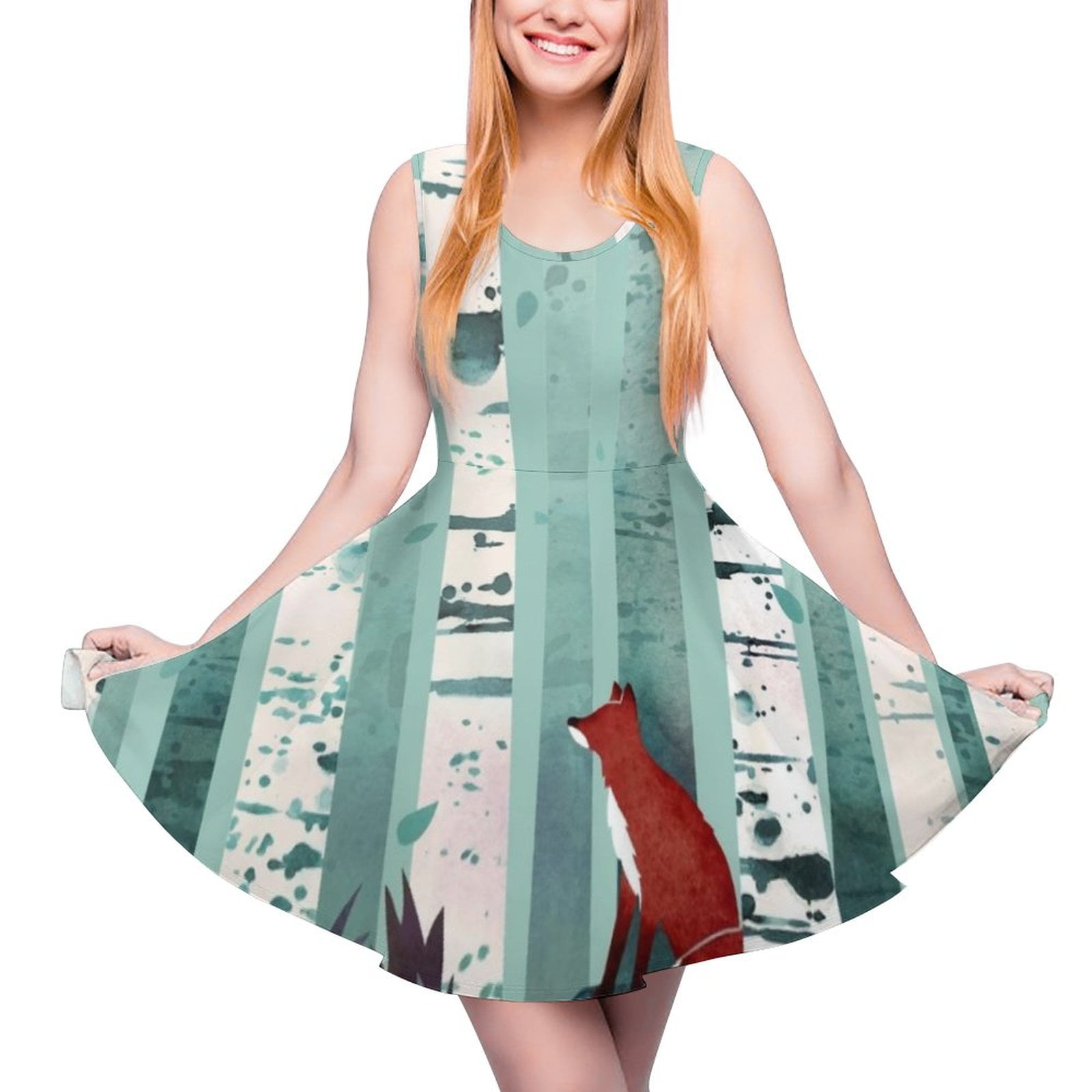Dreamy Folk Fox Dress Blue Floral Print Casual Dresses Woman Night Club ...