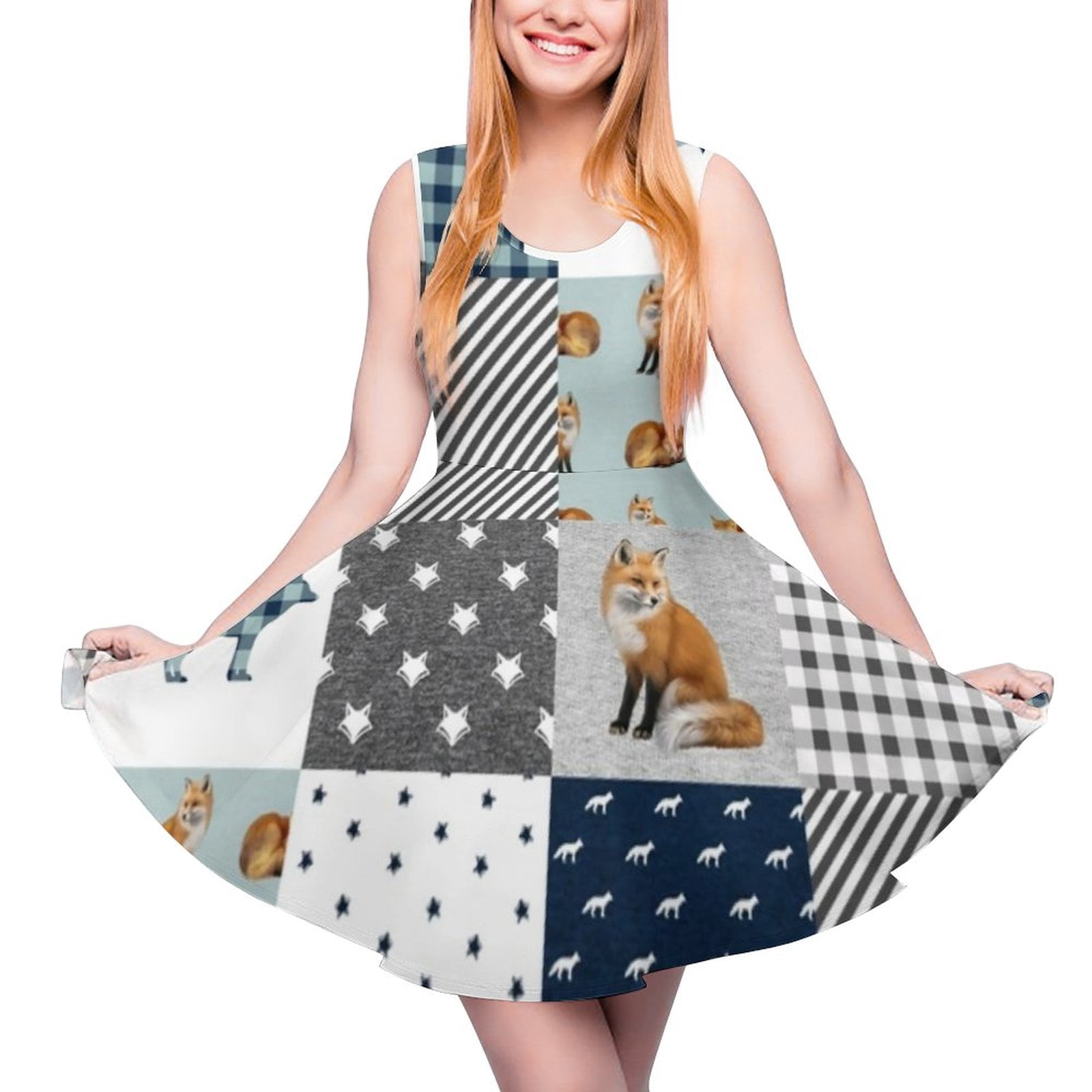 Dreamy Folk Fox Dress Blue Floral Print Casual Dresses Woman Night Club ...
