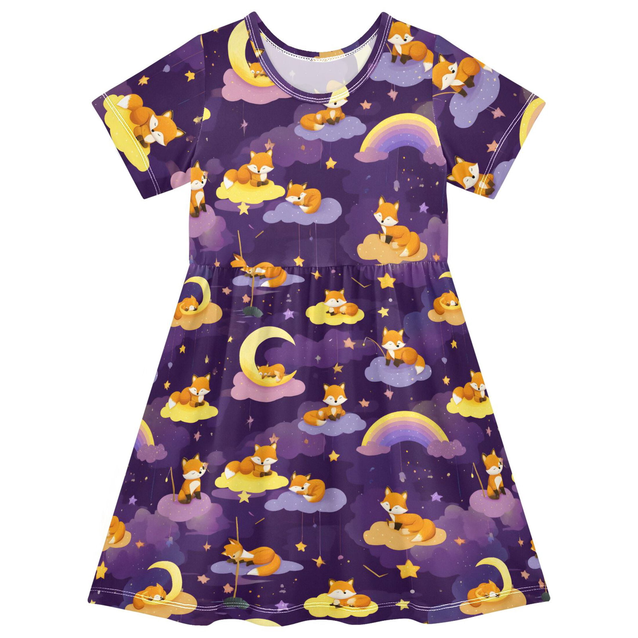 Dreamy Fox Short Sleeve Dress A-Line Cute Midi Casual Sundress 2-8 ...