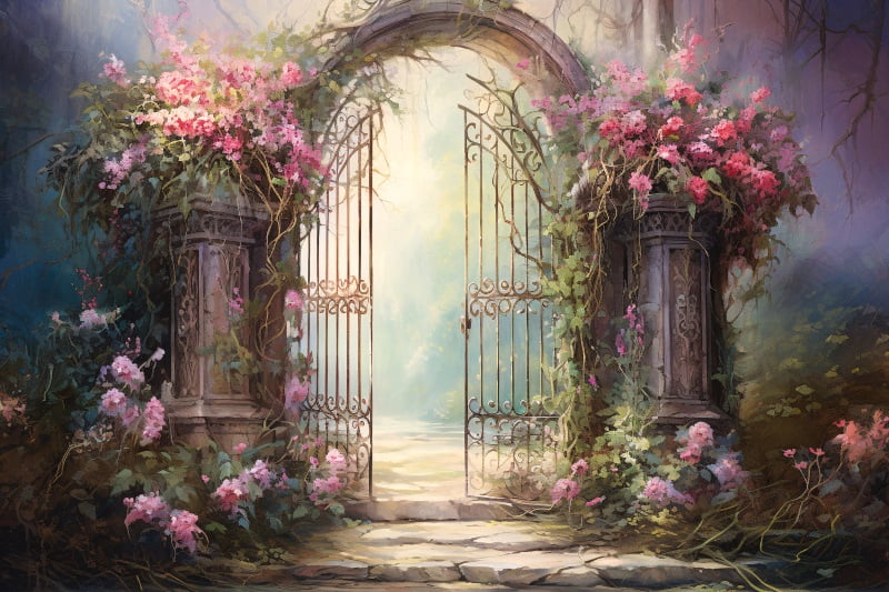 Dreamy Garden Backdrop Vintage Gate Beautiful Pink Flowers Wedding ...