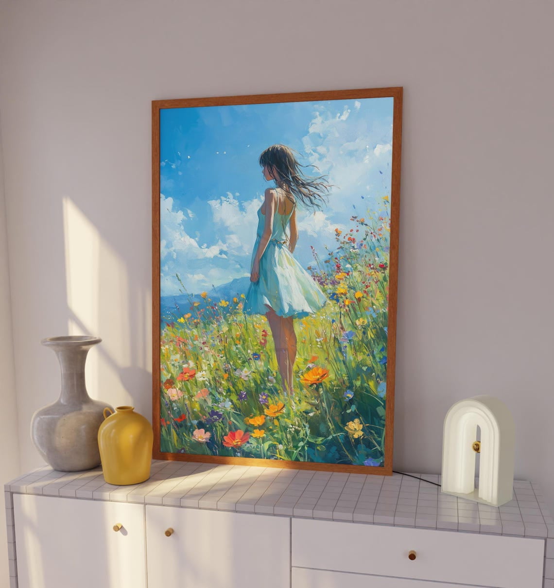 Dreamy Girl In Wildflower Field Painting, Romantic Summer Poster ...