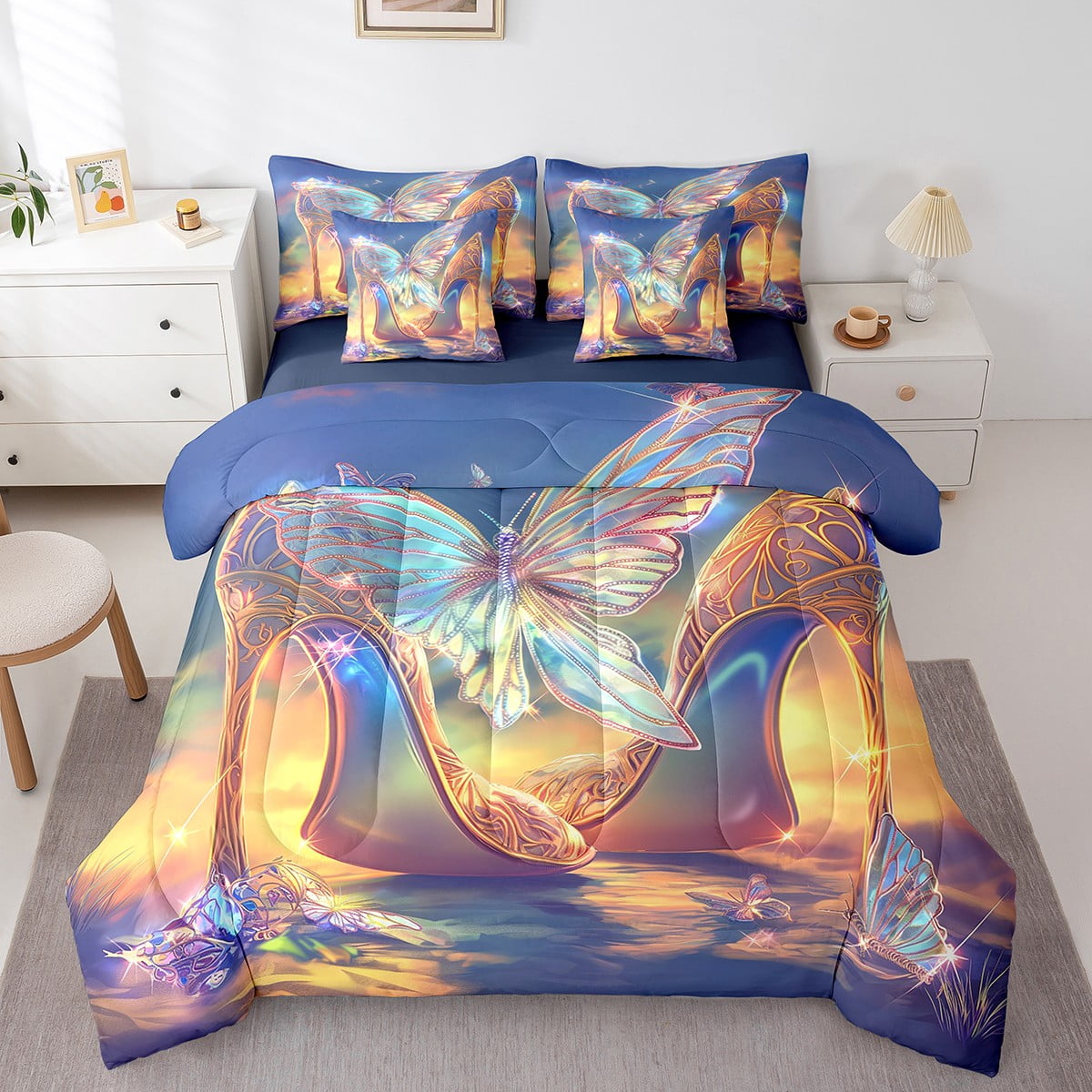 Dreamy Glitter Butterfly Bedding Set Queen Size,Ombre High Heel Shoes ...
