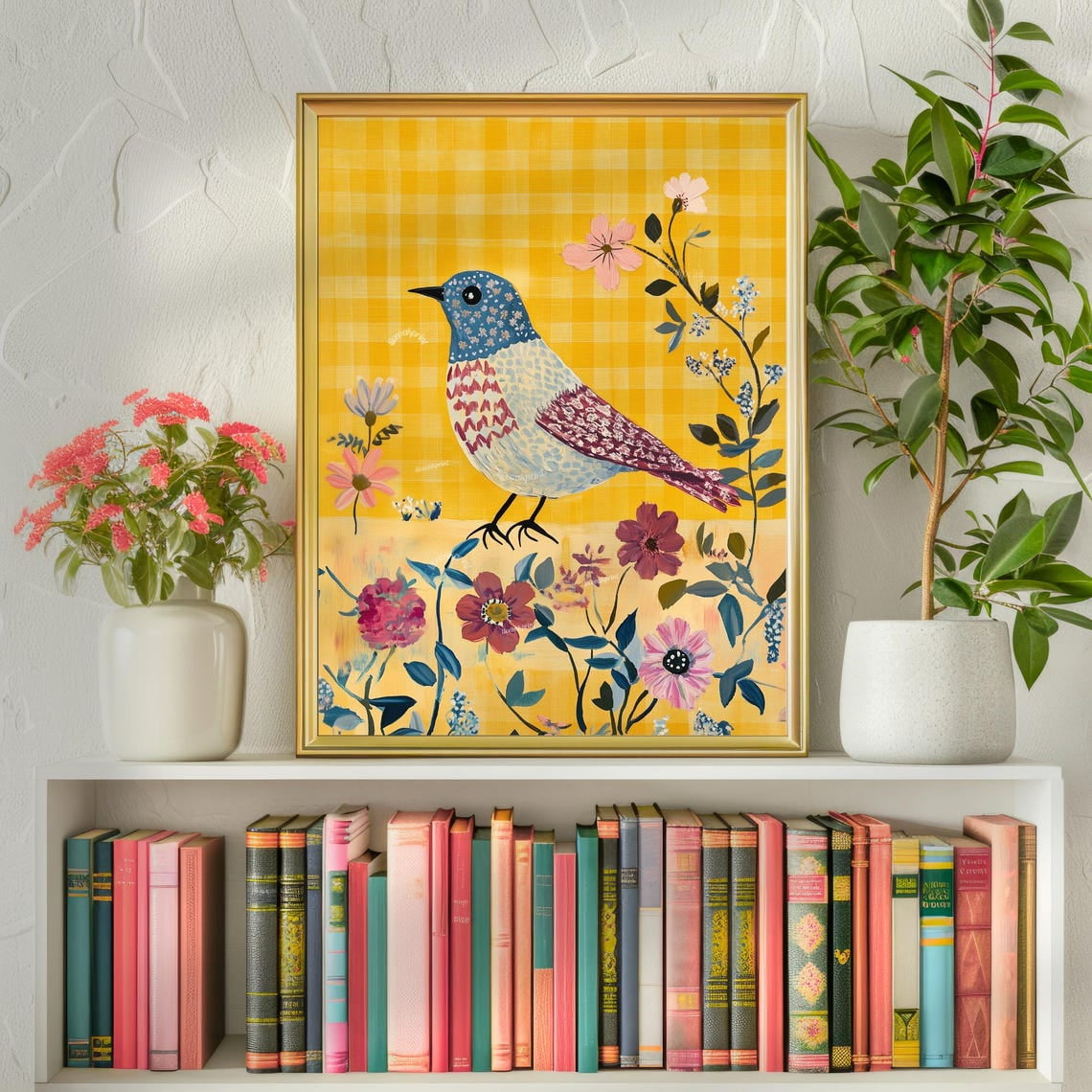 Dreamy Lil Bird - Yellow Gingham – Floral Bird Wall Art – Spring ...