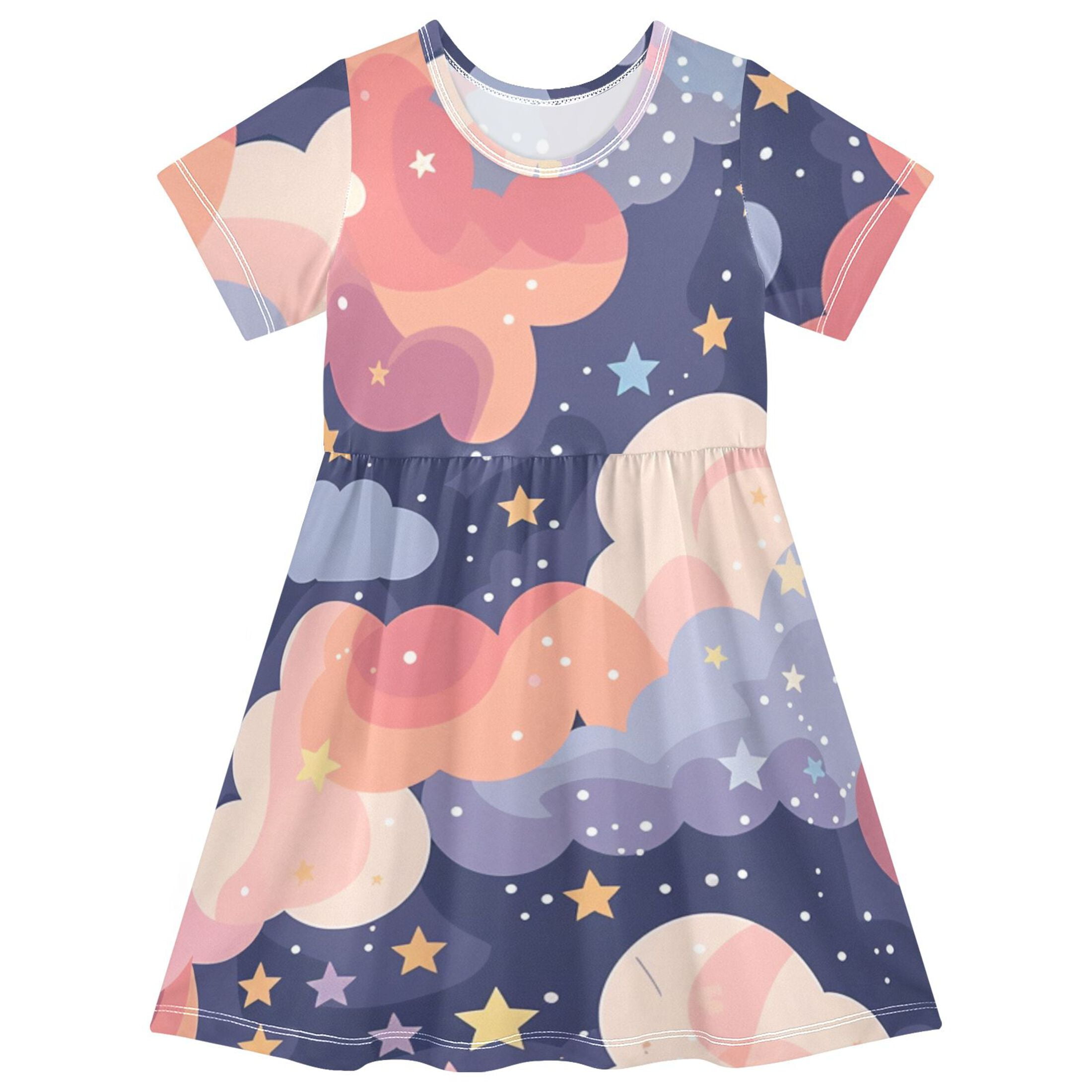 Dreamy Nebula Colorful Clouds Stars Girls' Short Sleeve Dress A-Line ...