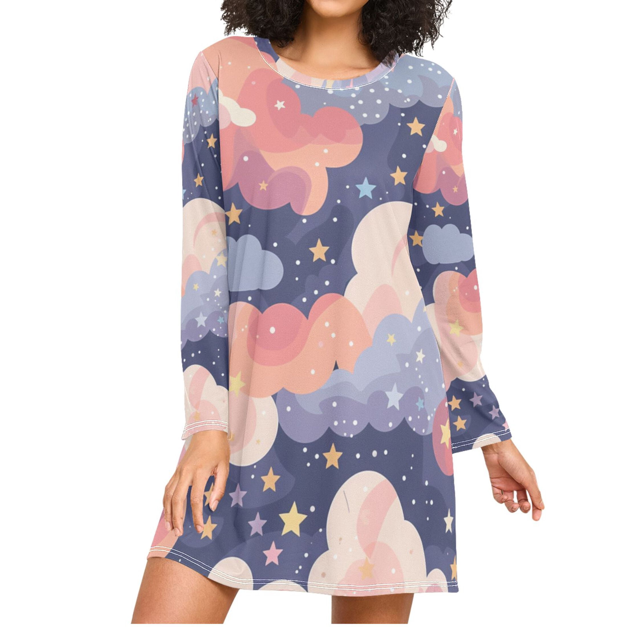Dreamy Nebula Colorful Clouds Stars Women's Long Sleeves Nightgowns ...