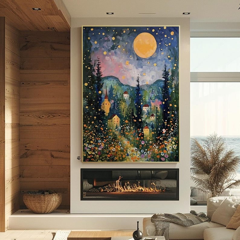 Dreamy Night Landscape Oil Painting – Hand-Painted Moonlight Village ...