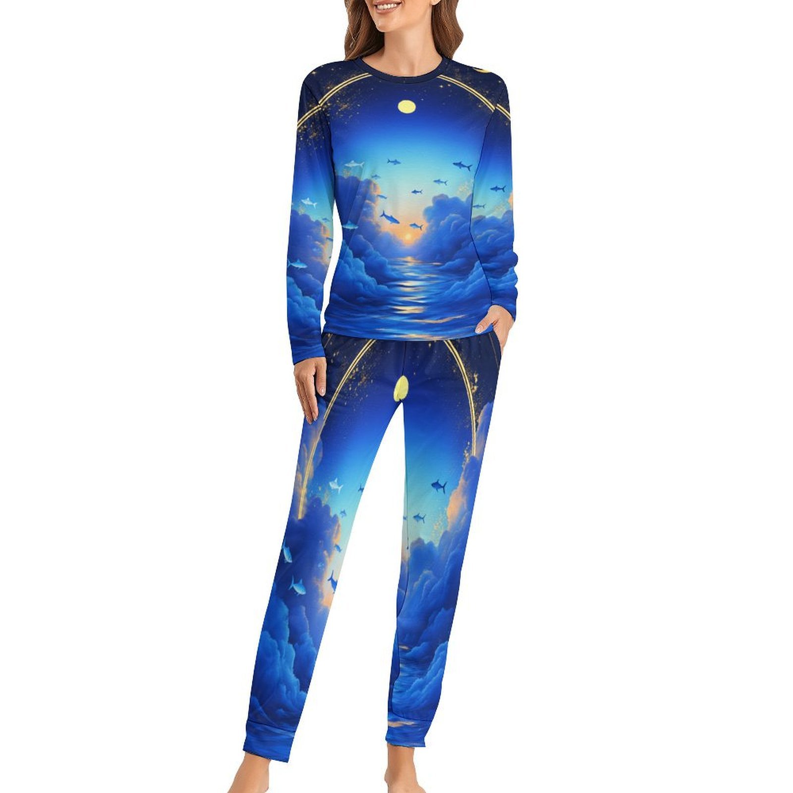 Dreamy Night Sky with Fish-2 Pajamas Woman 2 Piece Vintage Pajamas Set ...