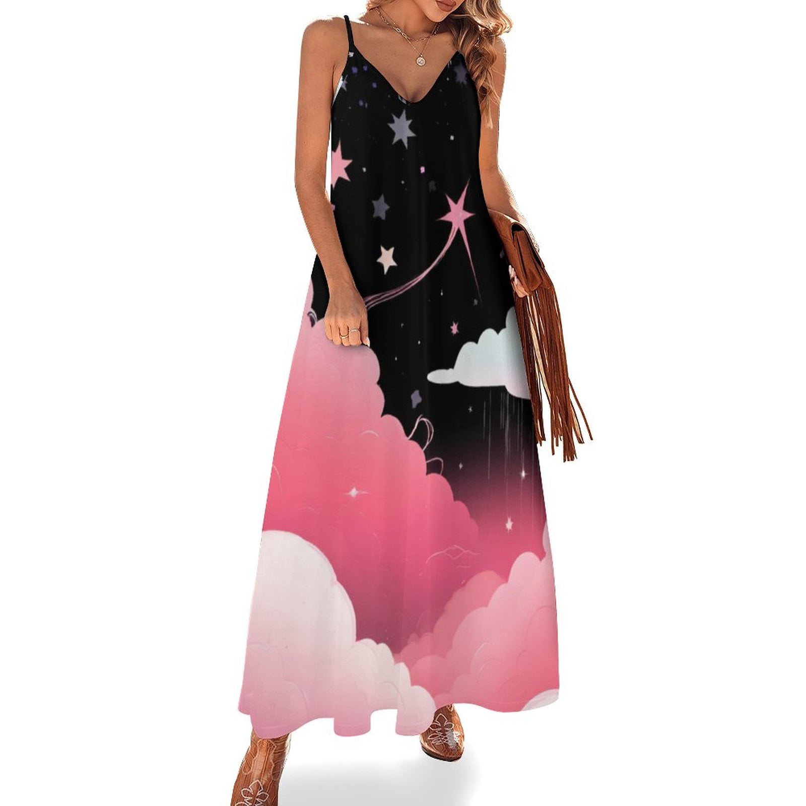 Dreamy Night Sky with Stars And Clouds Sleeveless Dress for Women ...