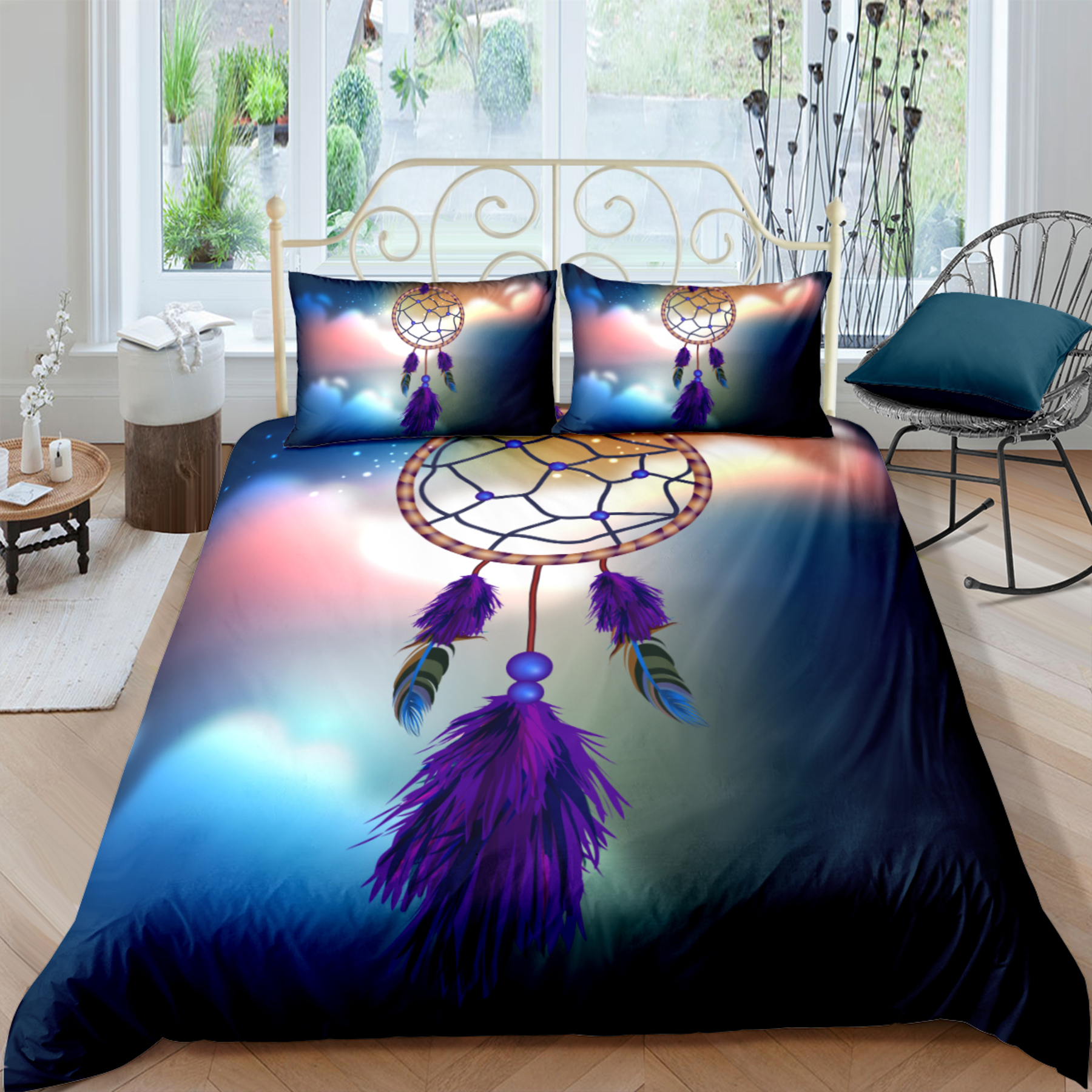 Dreamy Nighttime Bedding Set with Intricate Design & Vibrant Feathers ...