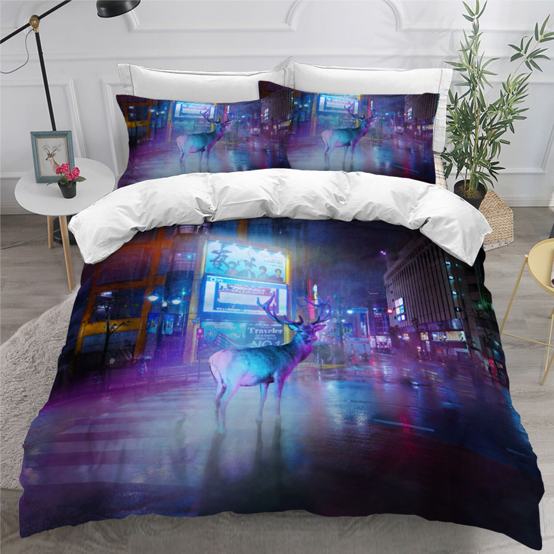 Dreamy Nocturnal Cityscape Bedding Set with Majestic Stag - Futuristic ...